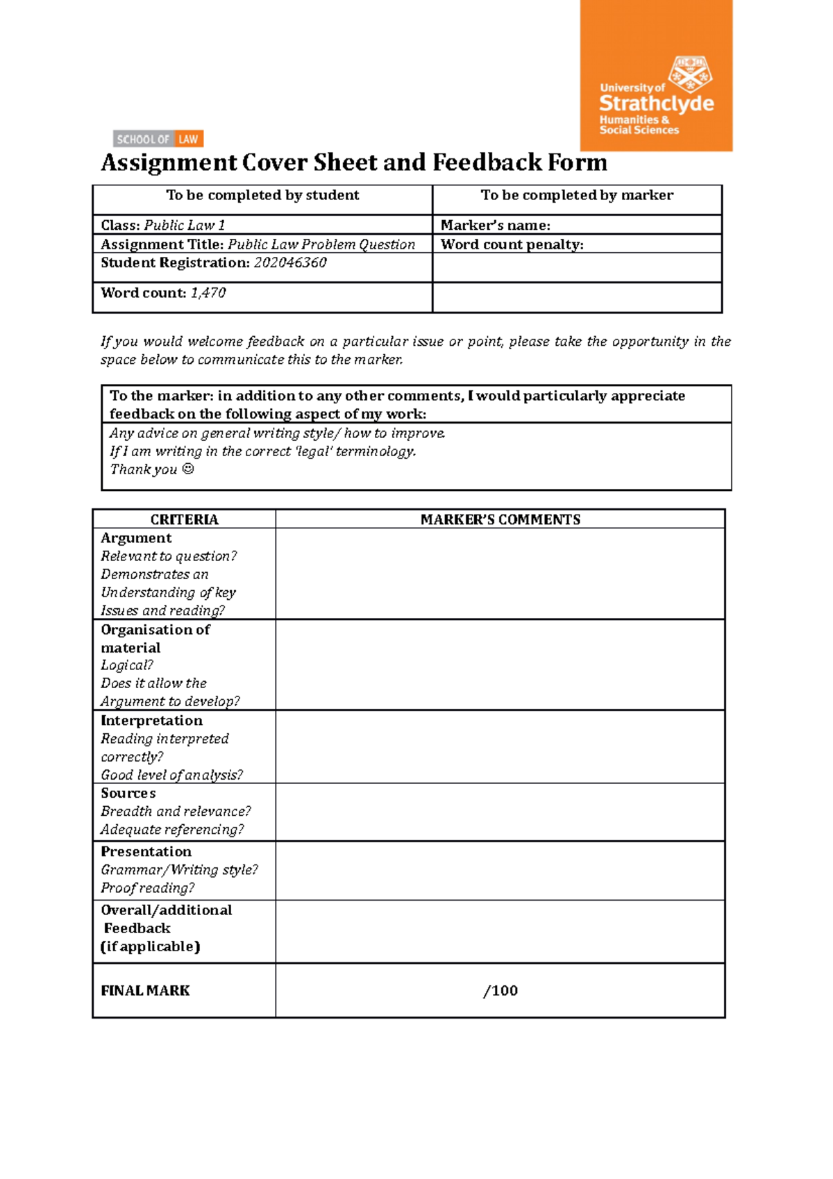 Public Law Assignment - Assignment Cover Sheet and Feedback Form To be ...