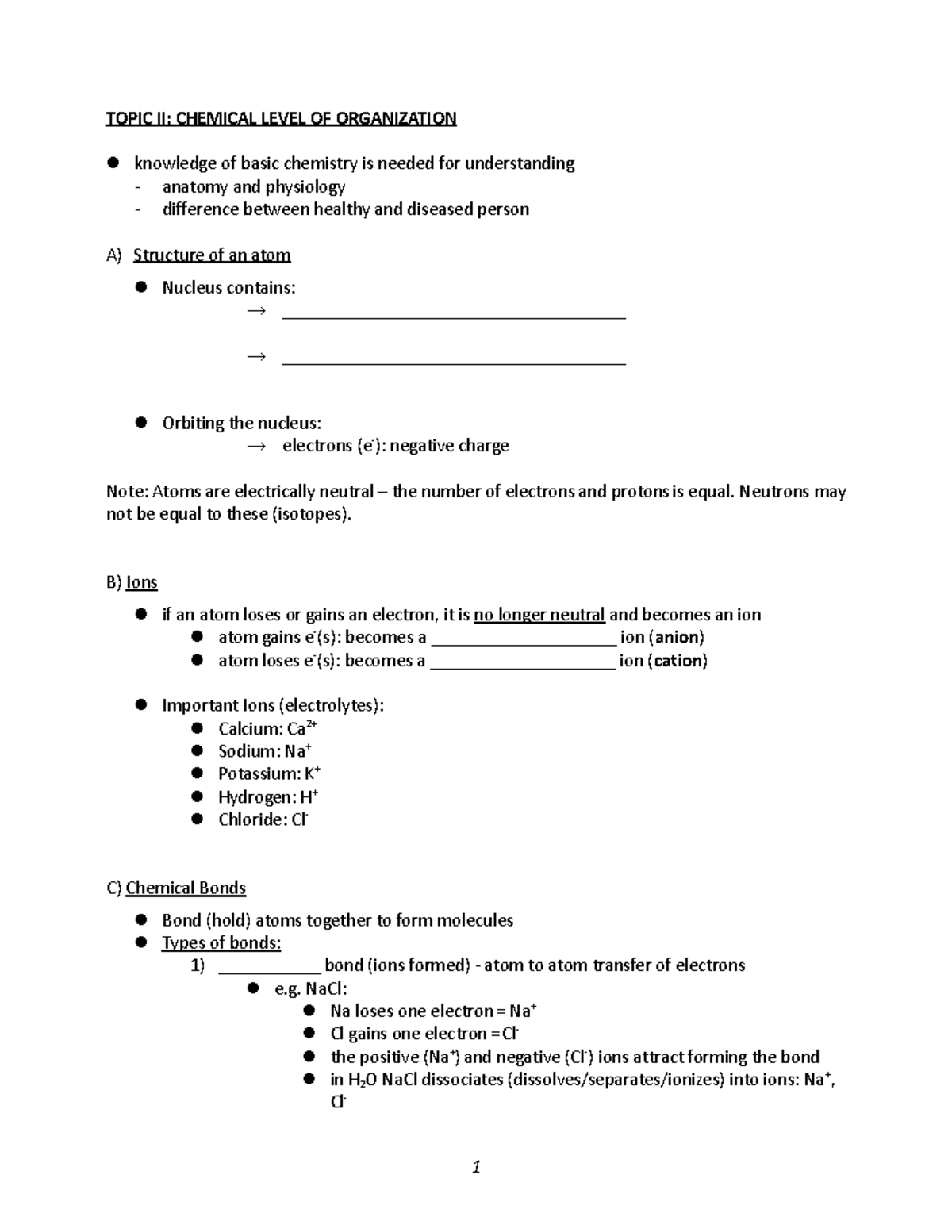 2 - Topic II - Chemical Level OF Organization - TOPIC II: CHEMICAL ...