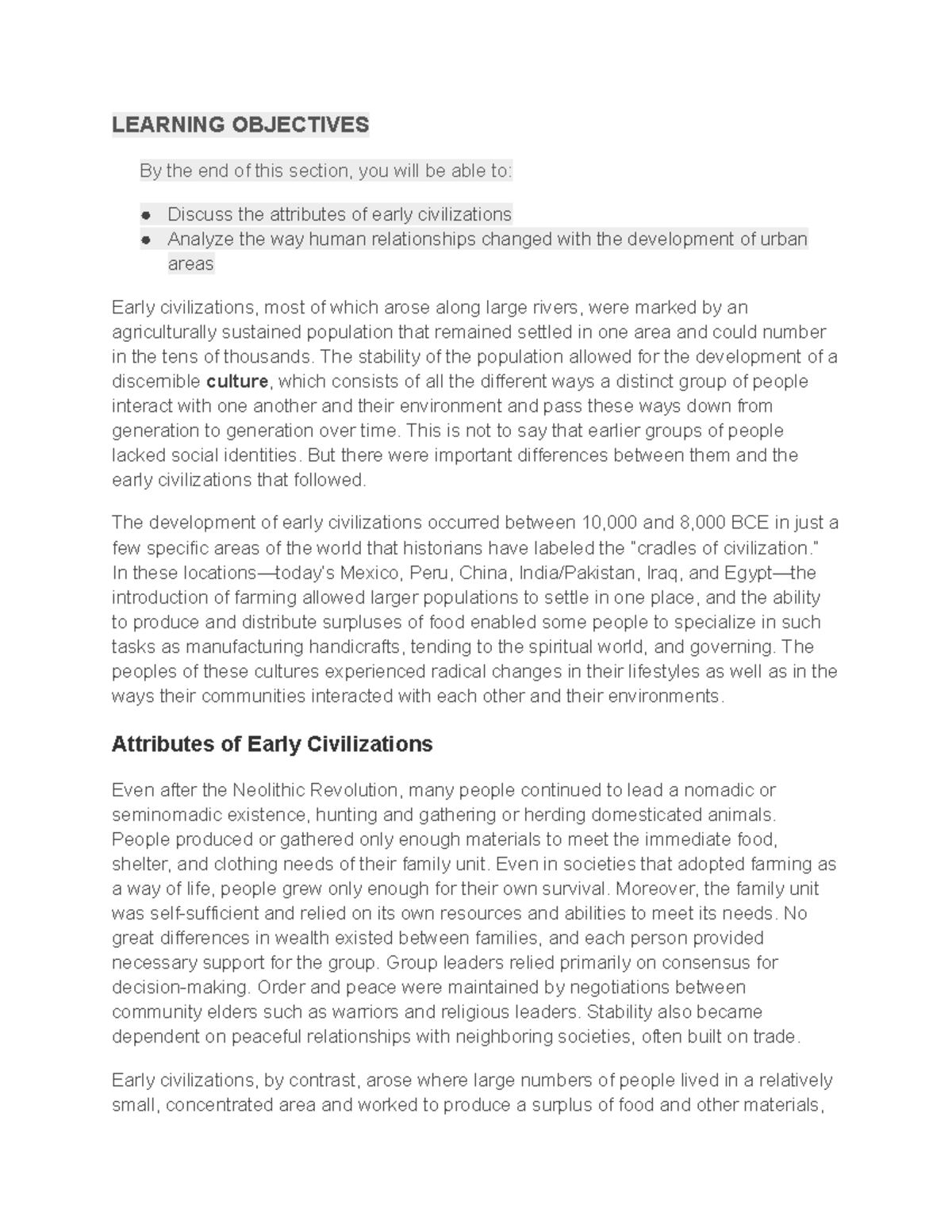 Early Civilizations - LEARNING OBJECTIVES By the end of this section ...