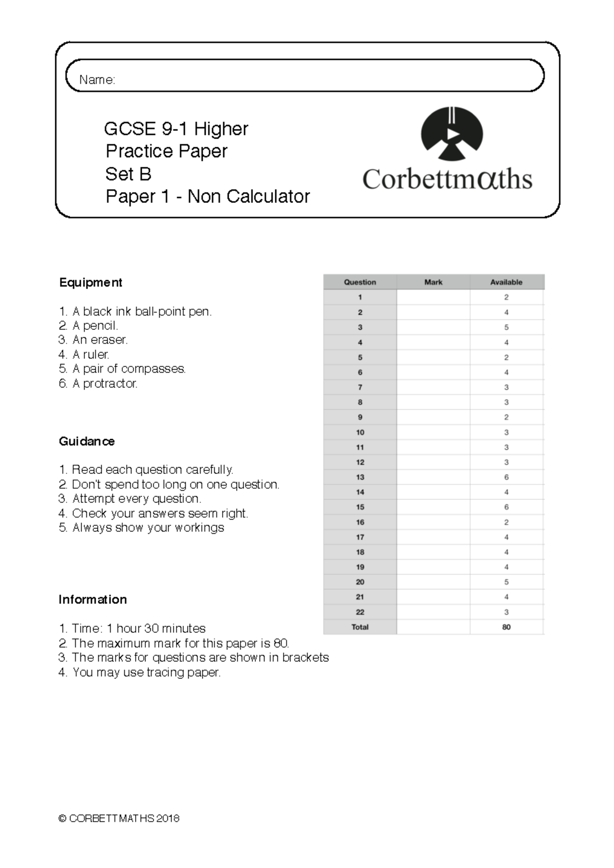 Higher Set B Paper 1 - Name: GCSE 9-1 Higher Practice Paper Set B Paper ...