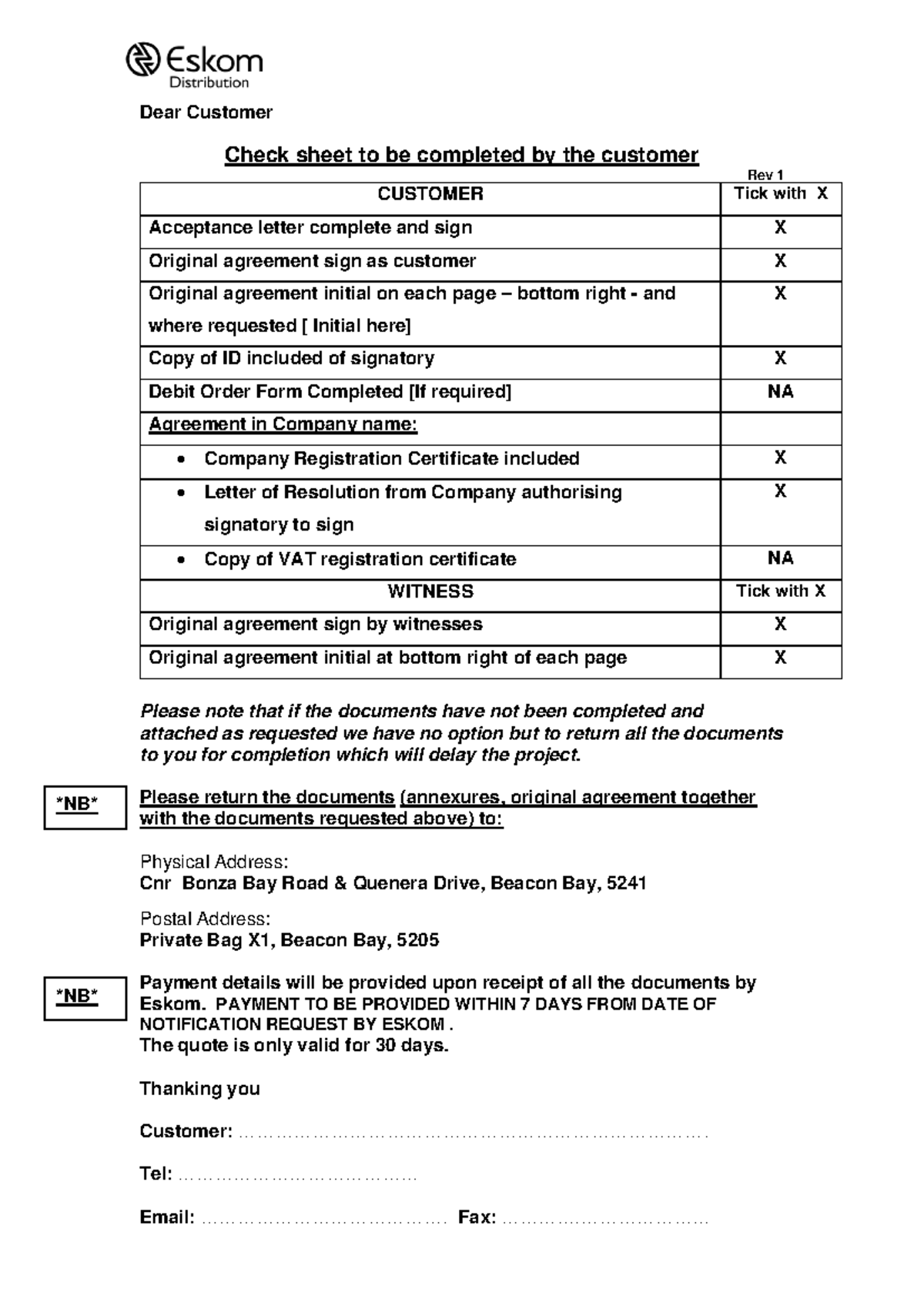 Customer Check Sheet - 2[84] - Dear Customer Check sheet to be ...