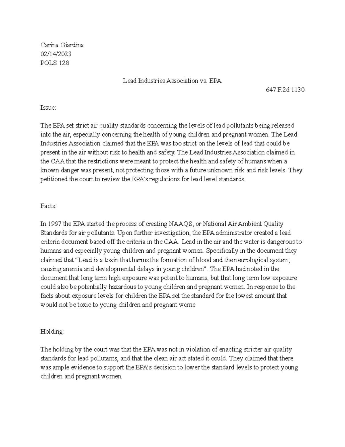 Lead Industries Brief - N/A - Carina Giardina 02/14/ POLS 128 Lead ...