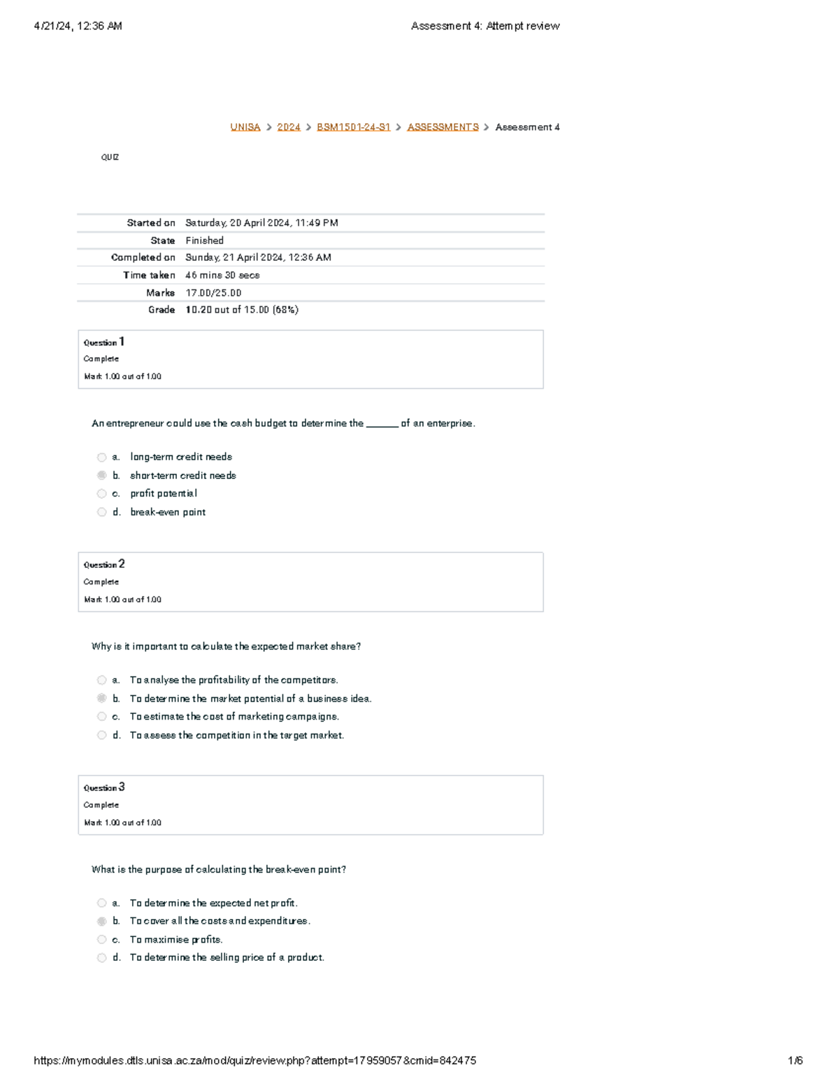 Assessment 4 Attempt review - UNISA 2024 BSM1501-24-S1 ASSESSMENTS Assessment 4 Started on - Studocu