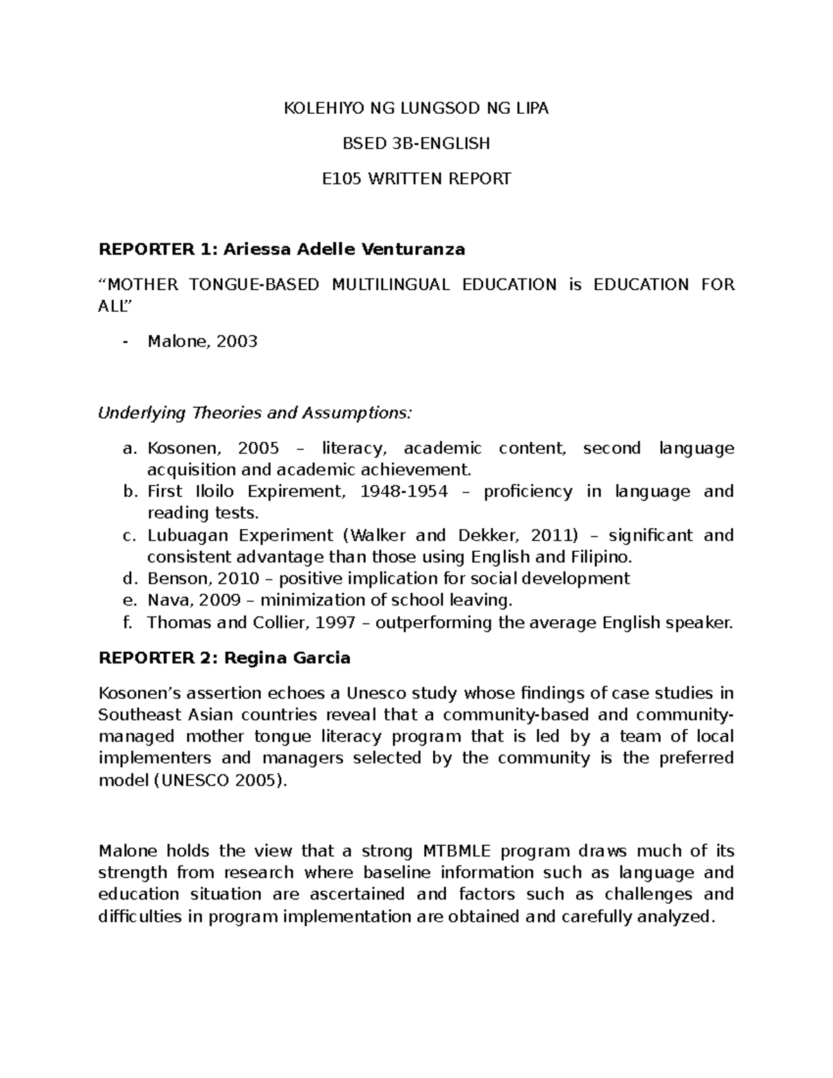 Written Report in E109 Random Report - KOLEHIYO NG LUNGSOD NG LIPA BSED ...