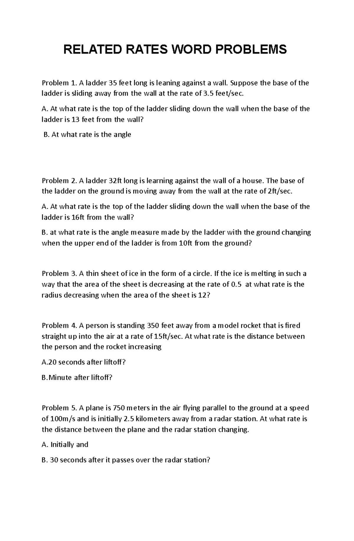 Ibonnnnn - Lecture notes - RELATED RATES WORD PROBLEMS Problem 1. A ...