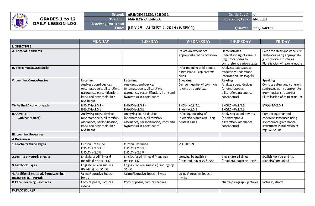 DLL English 6 Q1 W1 - dll - GRADES 1 to 12 DAILY LESSON LOG School ...