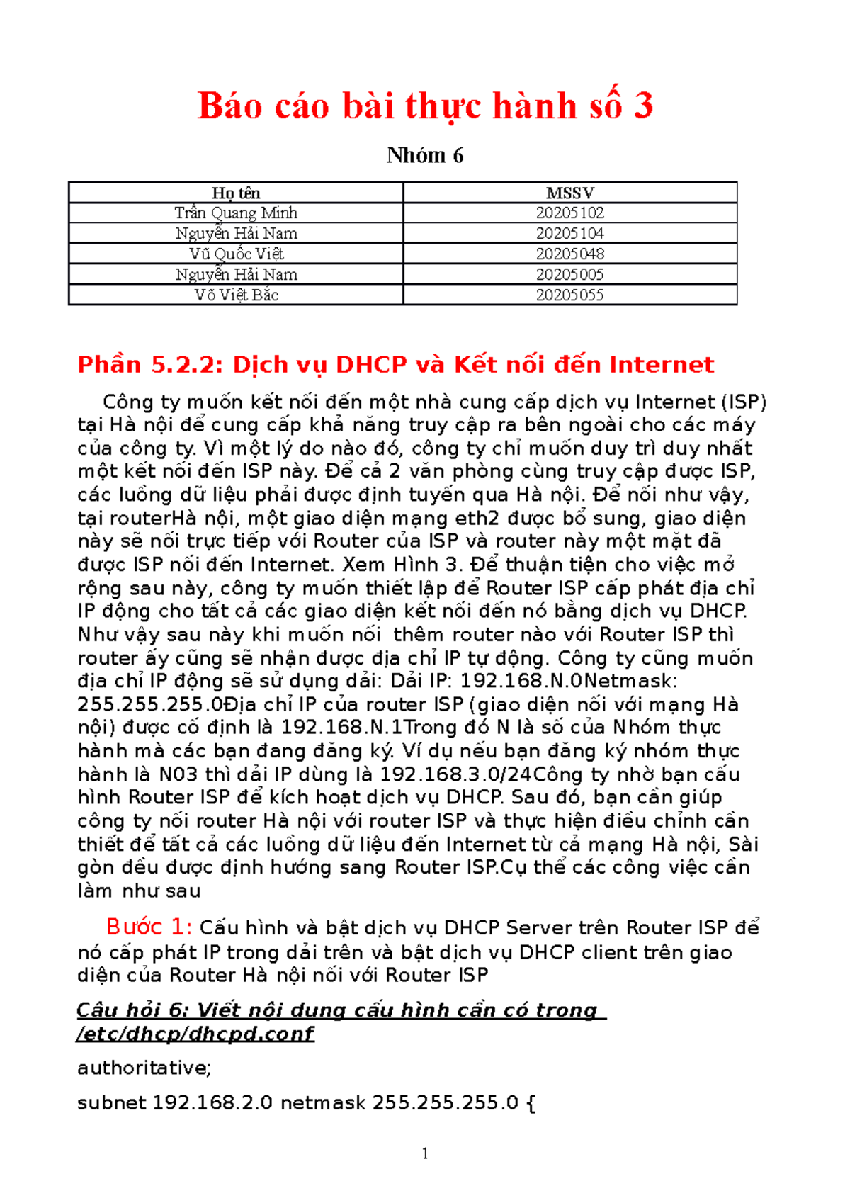 Nhom6 Minh Nam Viet Nam Bac - Báo cáo bài thực hành số 3 Nhóm 6 Họ tên MSSV Trần Quang Minh ...