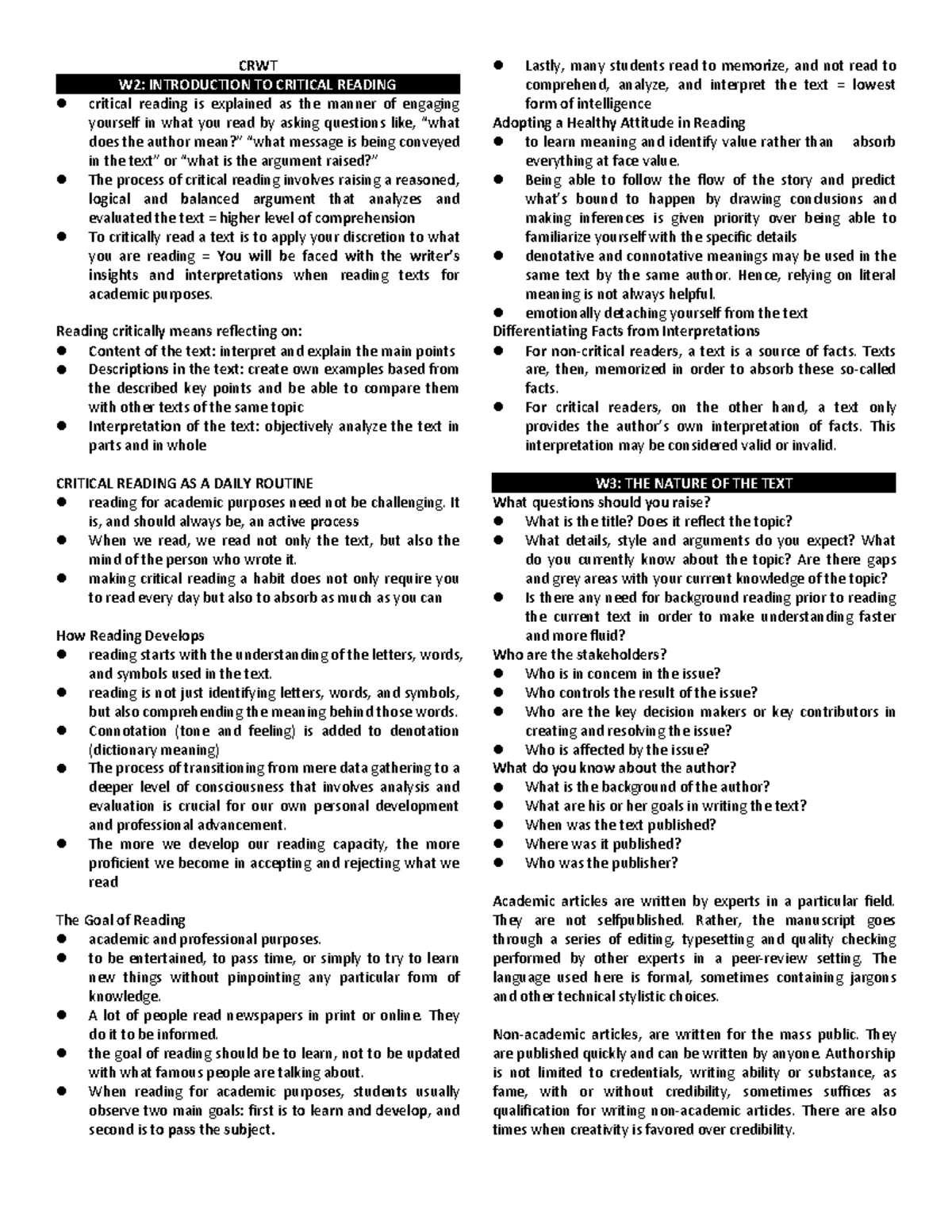 CRWT-Week-2 - CRWT W2: INTRODUCTION TO CRITICAL READING critical ...