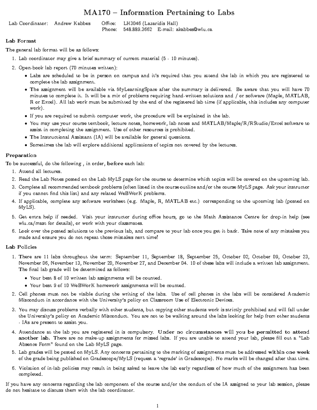 Lab Format - lab notes - MA170 – Information Pertaining to Labs Lab ...