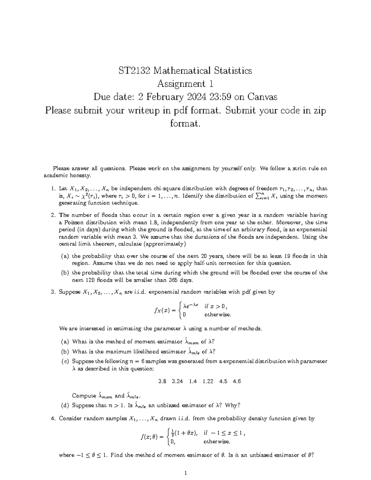Assignment 1 ST2132 - ST2132 Mathematical Statistics Assignment 1 Due date: 2 February 2024 23: ...