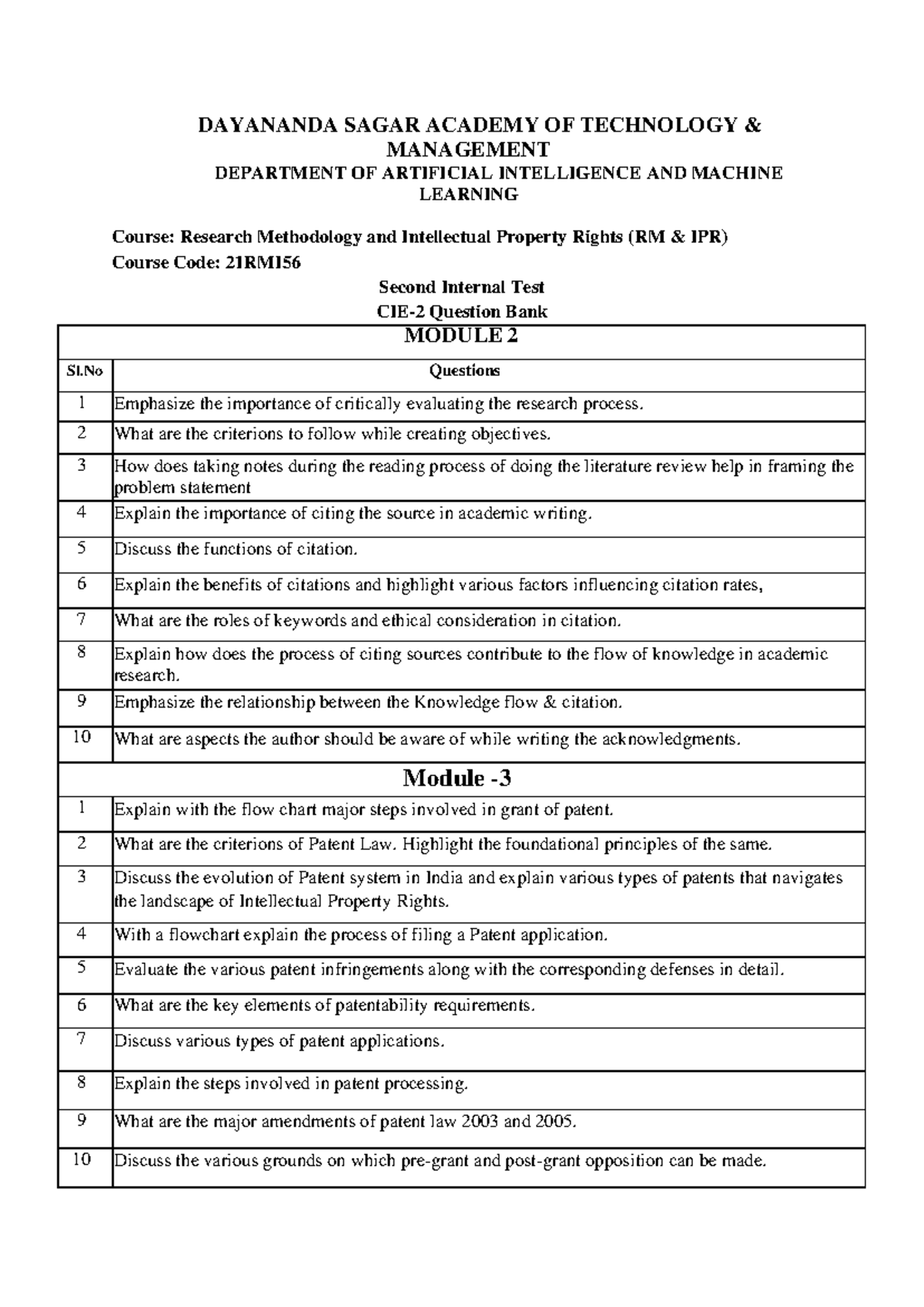 RM&IPR CIE-2 Question Bank - DAYANANDA SAGAR ACADEMY OF TECHNOLOGY & MANAGEMENT DEPARTMENT OF ...