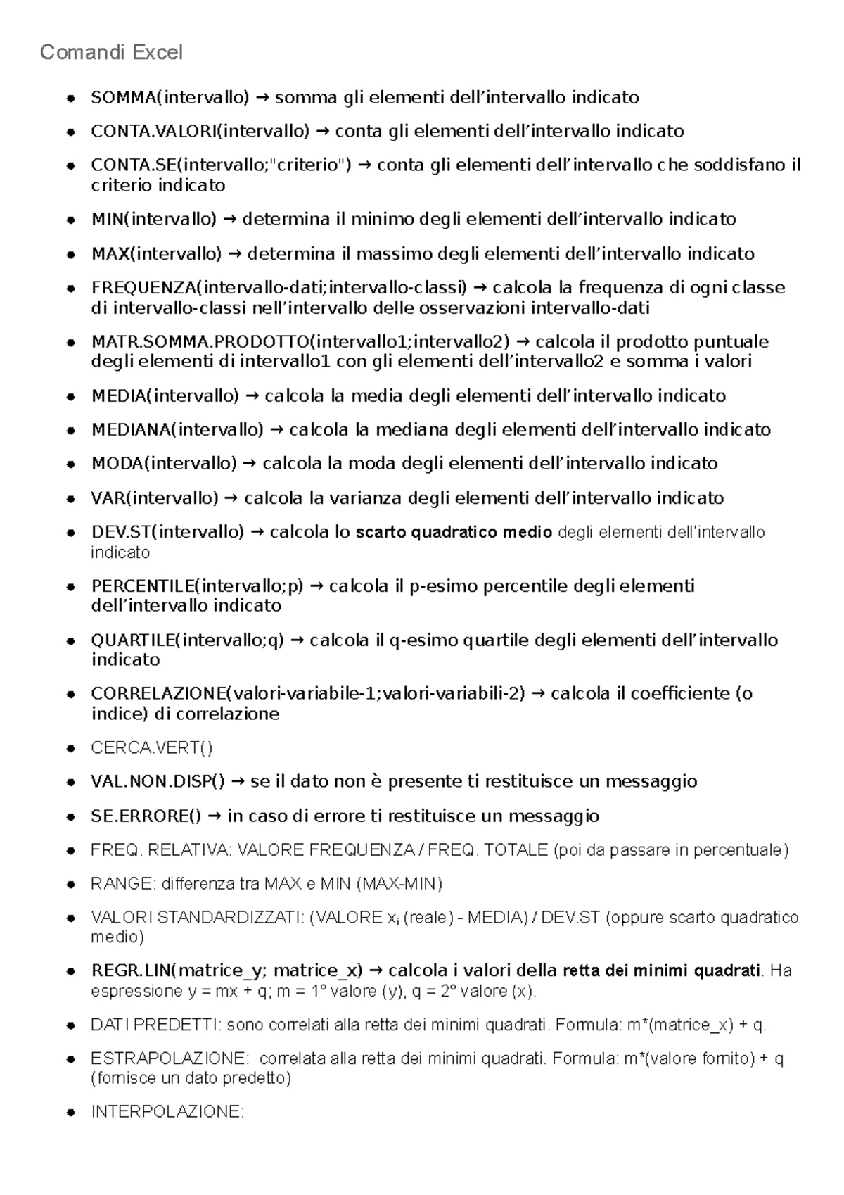 Comandi Excel - Comandi Excel SOMMA(intervallo) → somma gli elementi ...