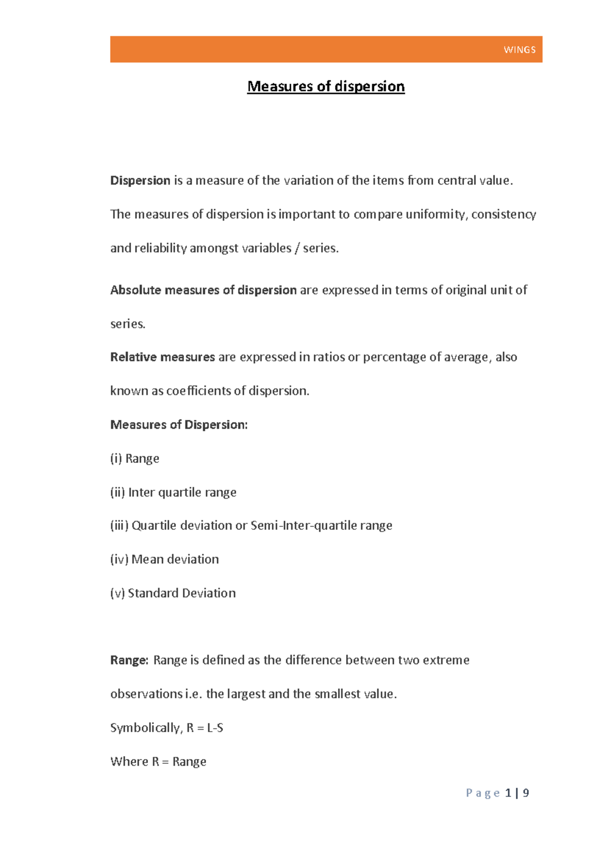 Measure of Dispersion - Notes - Measures of dispersion Dispersion is a ...