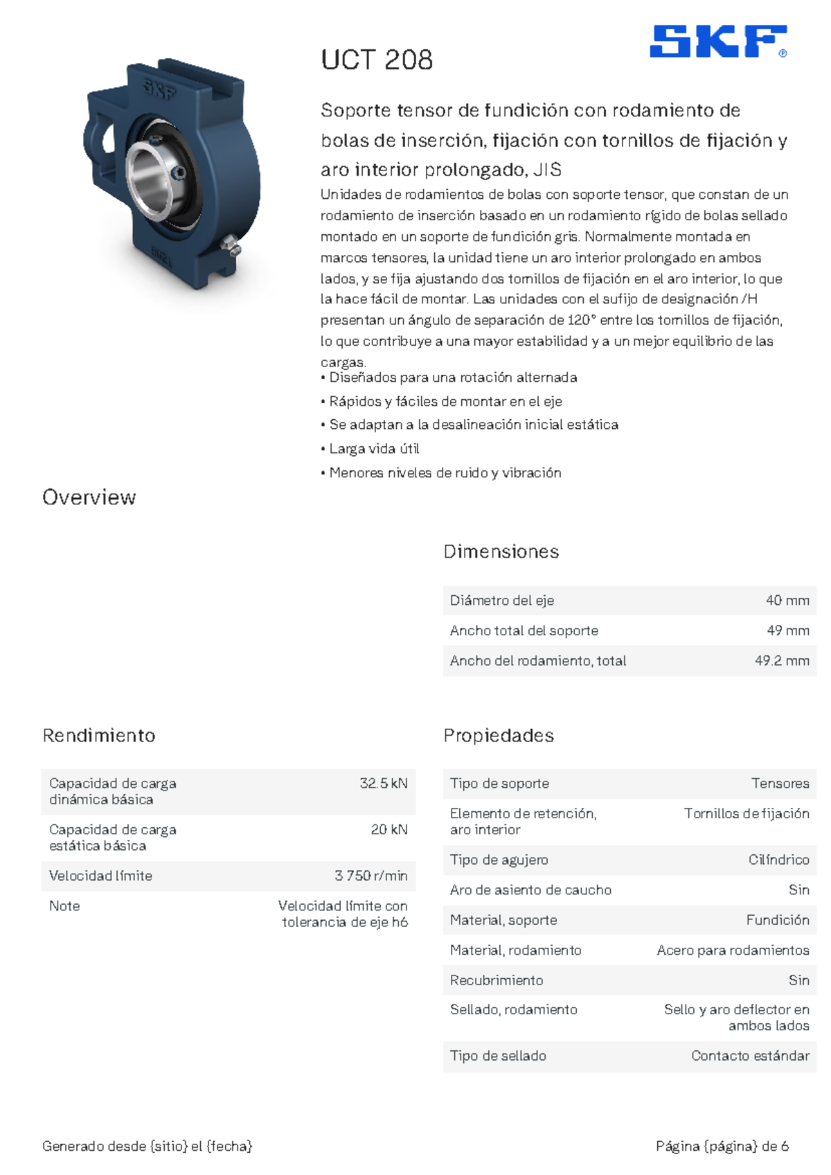 SKF UCT 208 specification - UCT 208 Soporte tensor de fundición con rodamiento de bolas de - Studocu