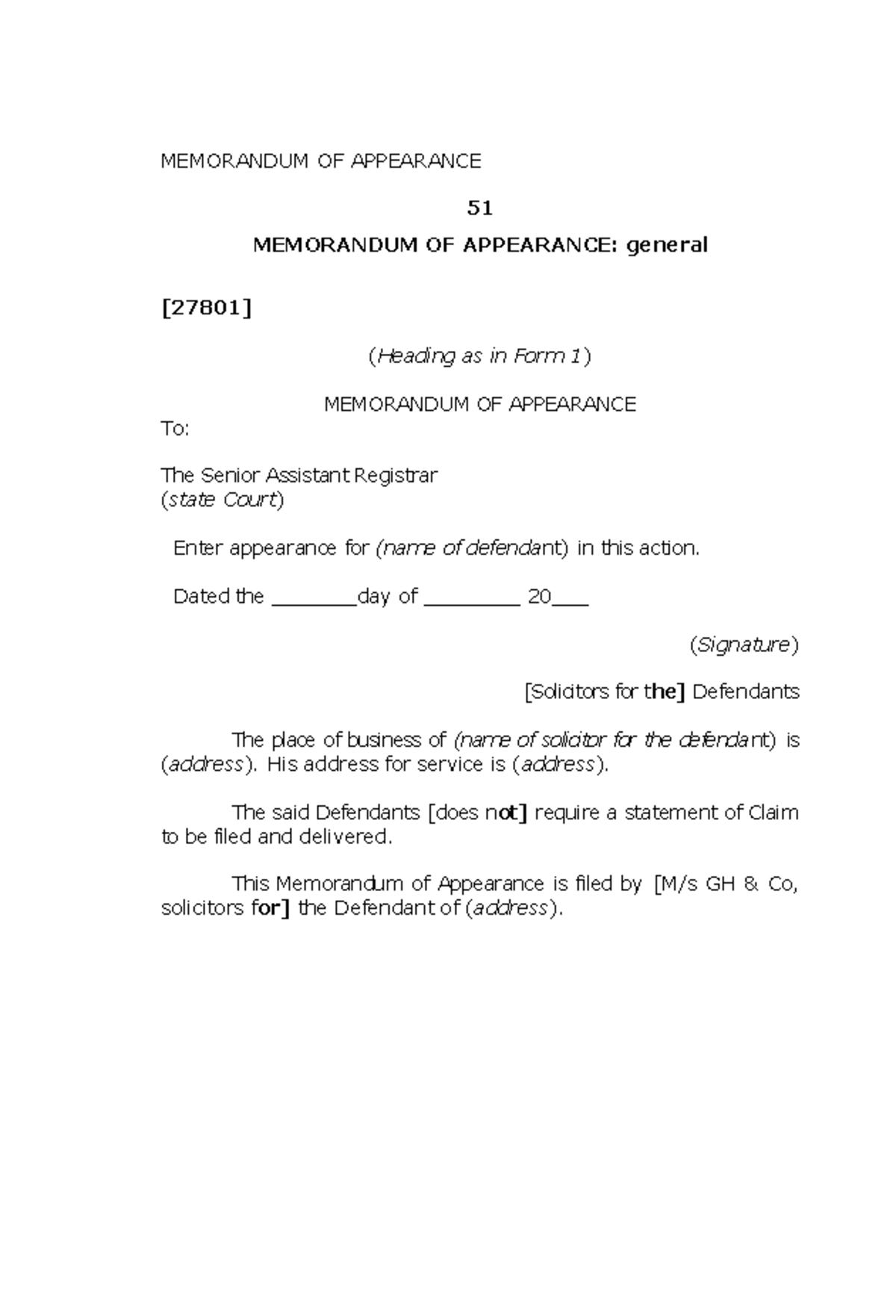 51 Memorandum OF Appearance general - MEMORANDUM OF APPEARANCE 51 ...