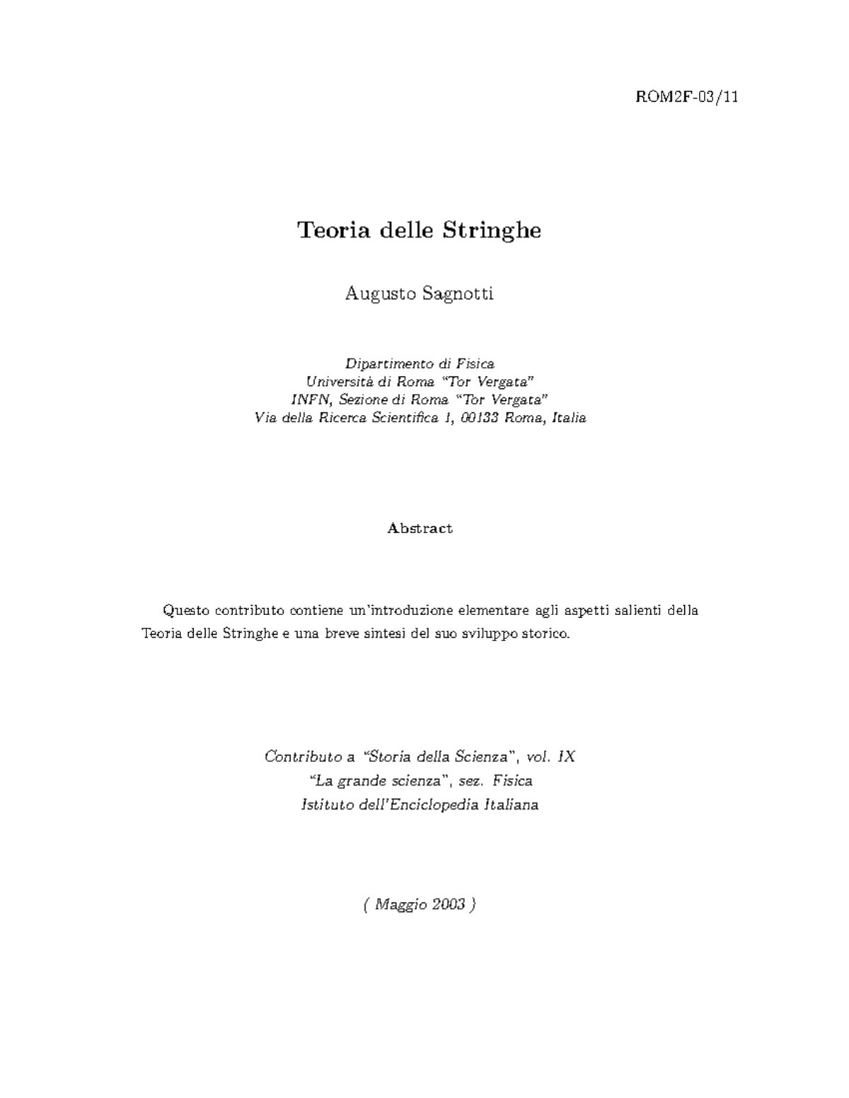 Teoria Delle Stringhe - ROM2F-03/ Teoria delle Stringhe Augusto ...