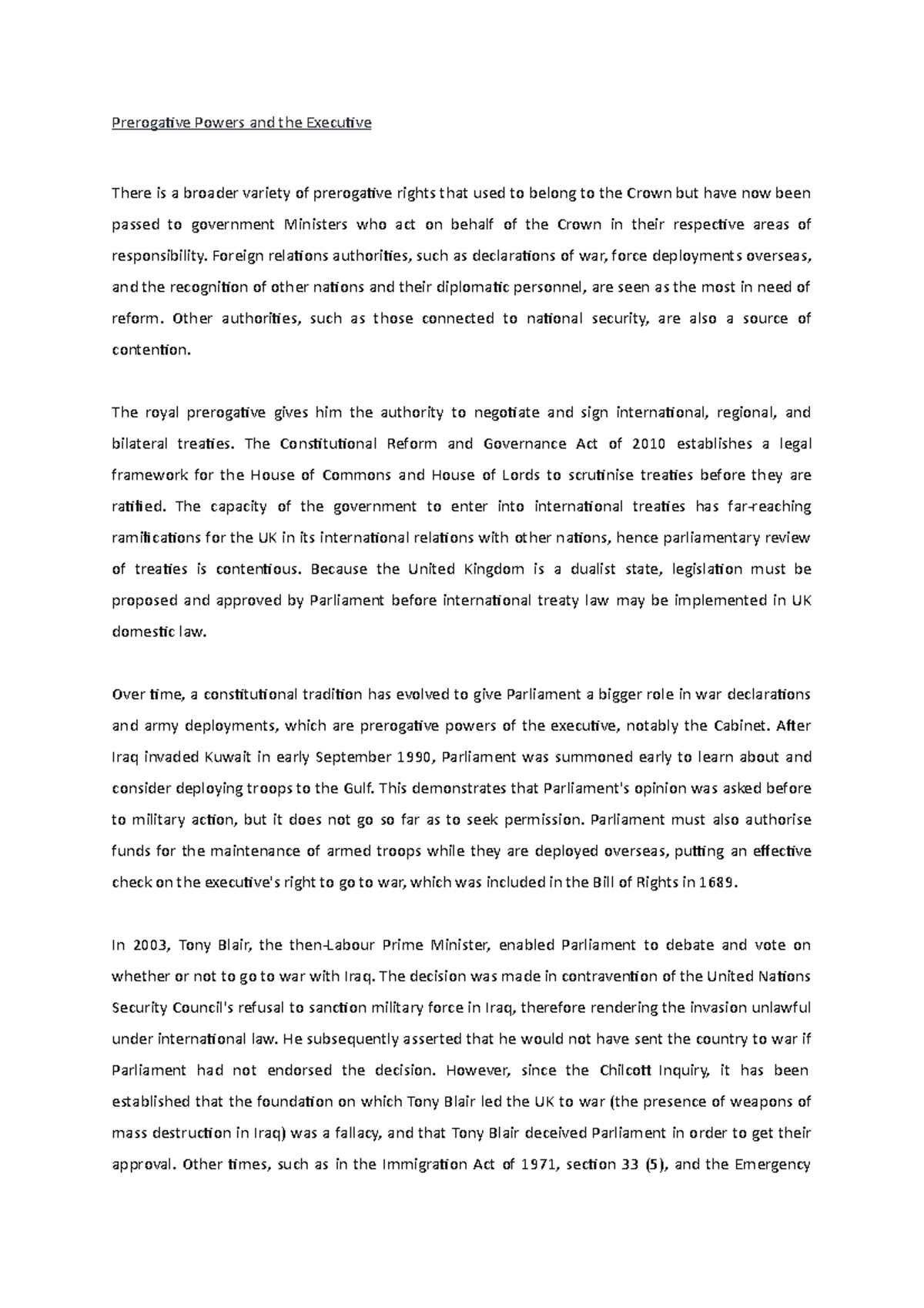 Prerogative Powers and the Executive - LAW1104 - MDX - Studocu