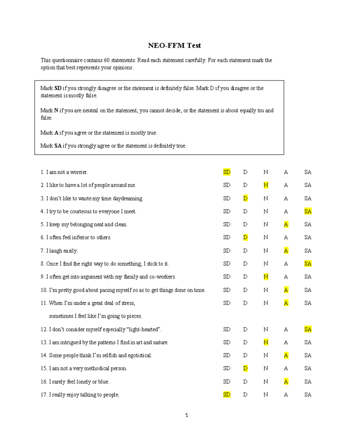 NEO-FFM Test (Word Document) - NEO-FFM Test This questionnaire contains ...