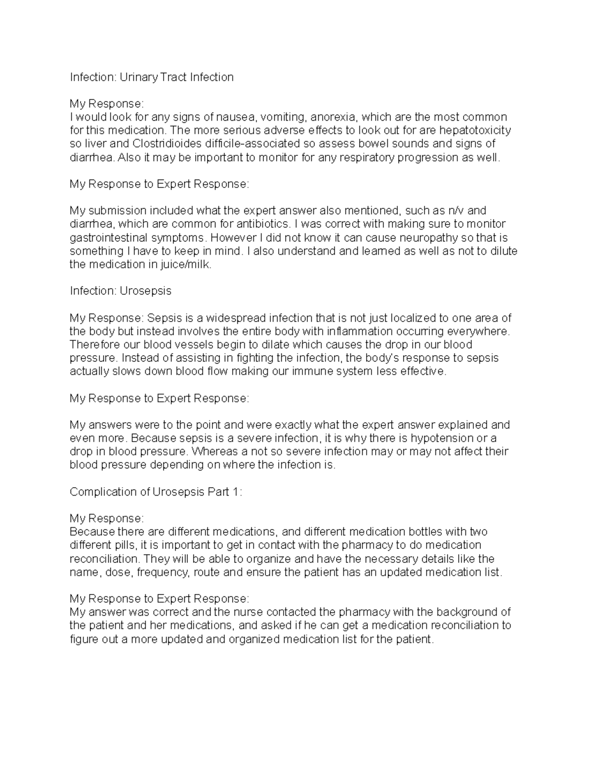 ATI UTI Urosepsis - Infection: Urinary Tract Infection My Response: I ...