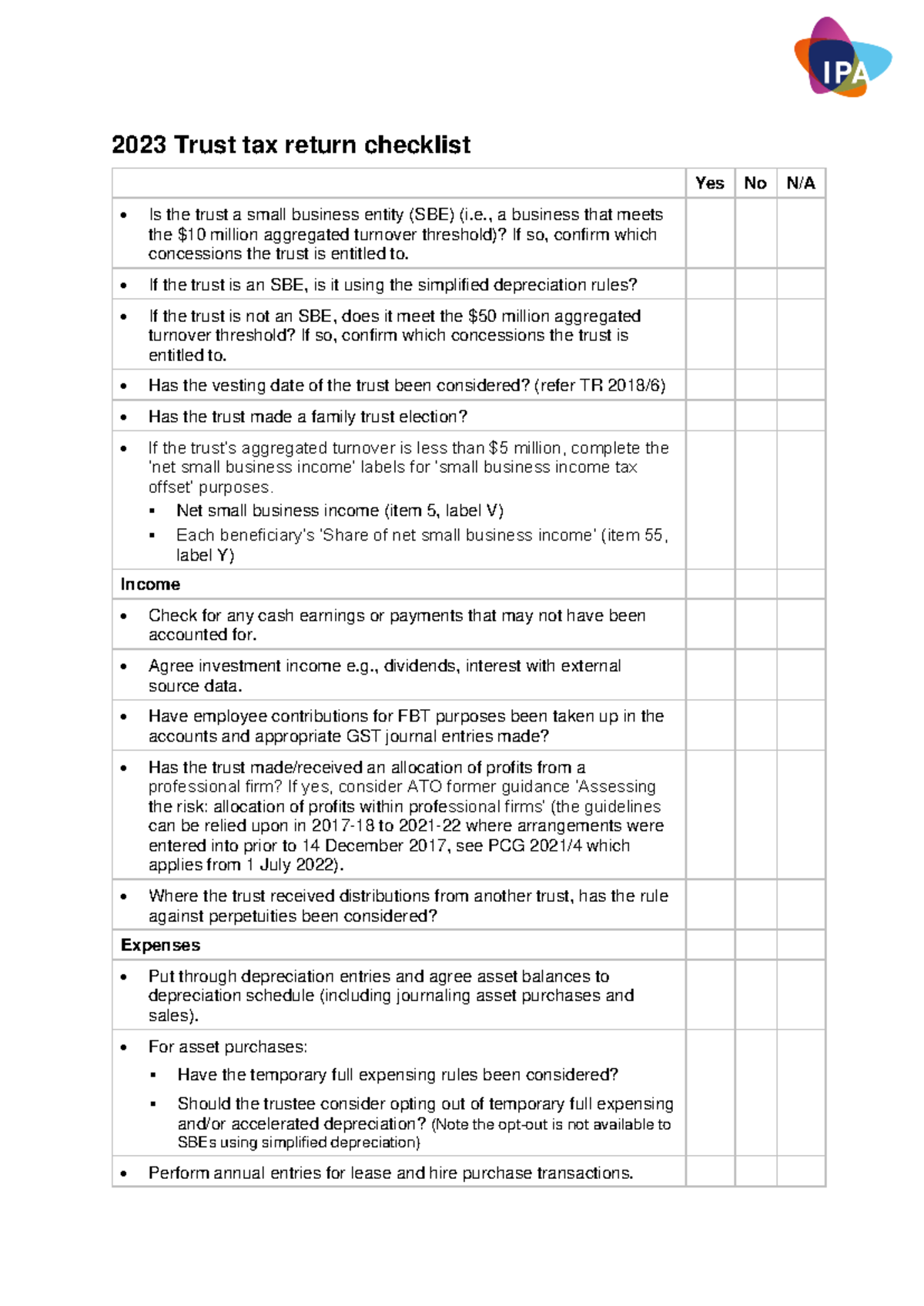 2023 Trust Tax Return Checklist - 2023 Trust tax return checklist Yes ...