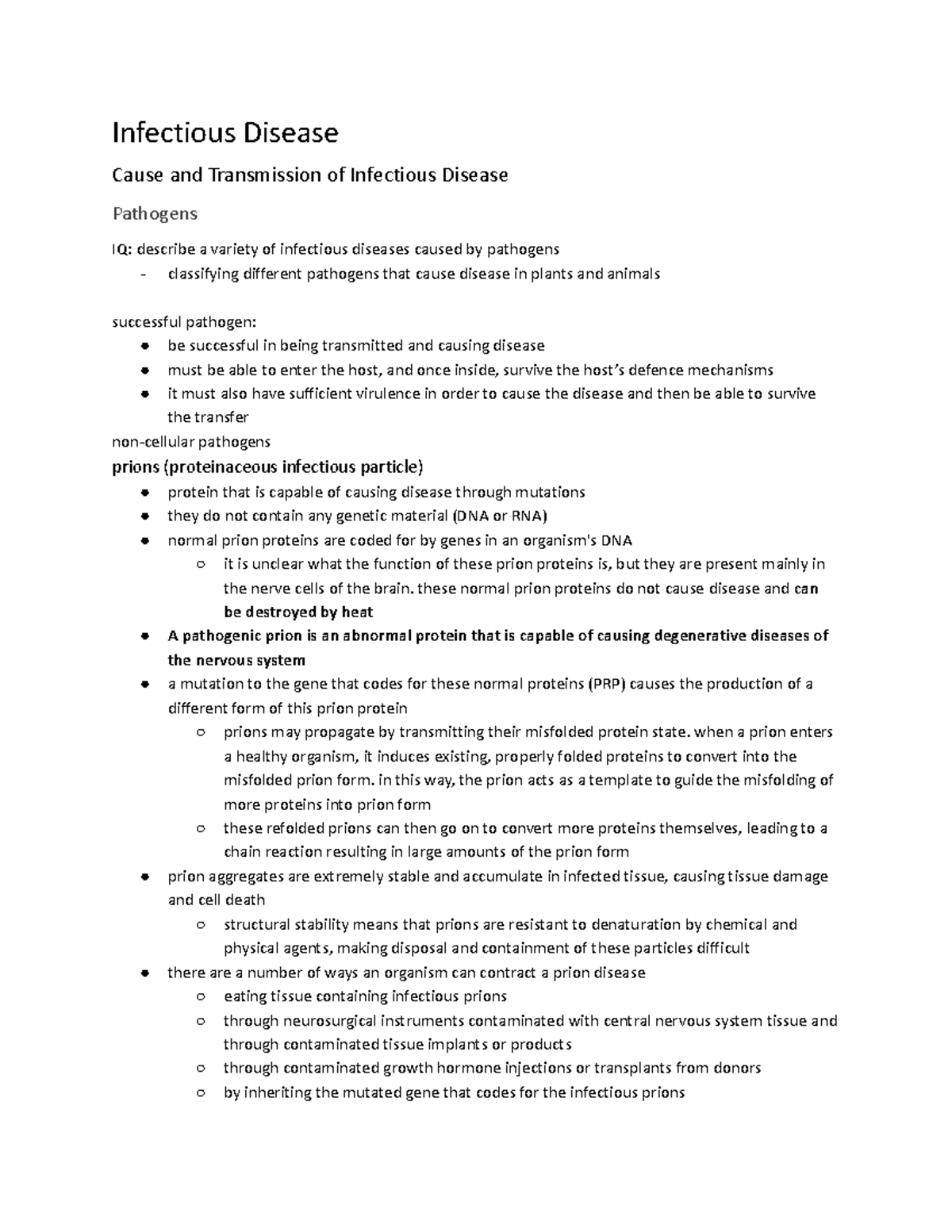Bio mod 7 - notes - Infectious Disease Cause and Transmission of ...