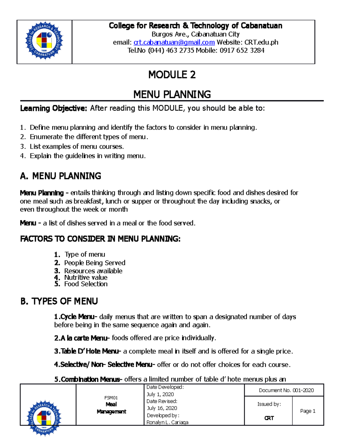 Module 2 - Lecture notes 2-10 - Burgos Ave., Cabanatuan City email: crt ...