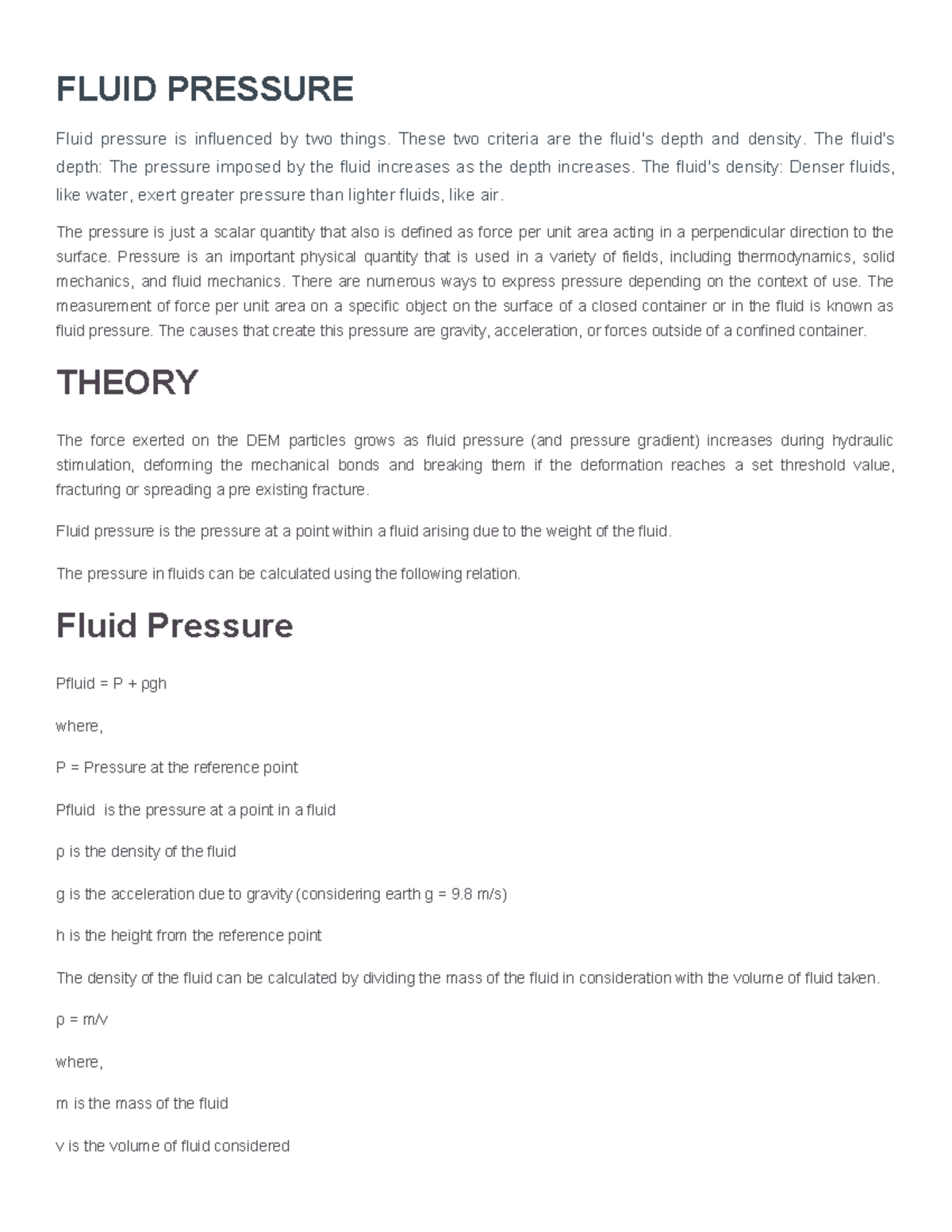 Fluid- Pressure-Reading-Material - FLUID PRESSURE Fluid pressure is ...