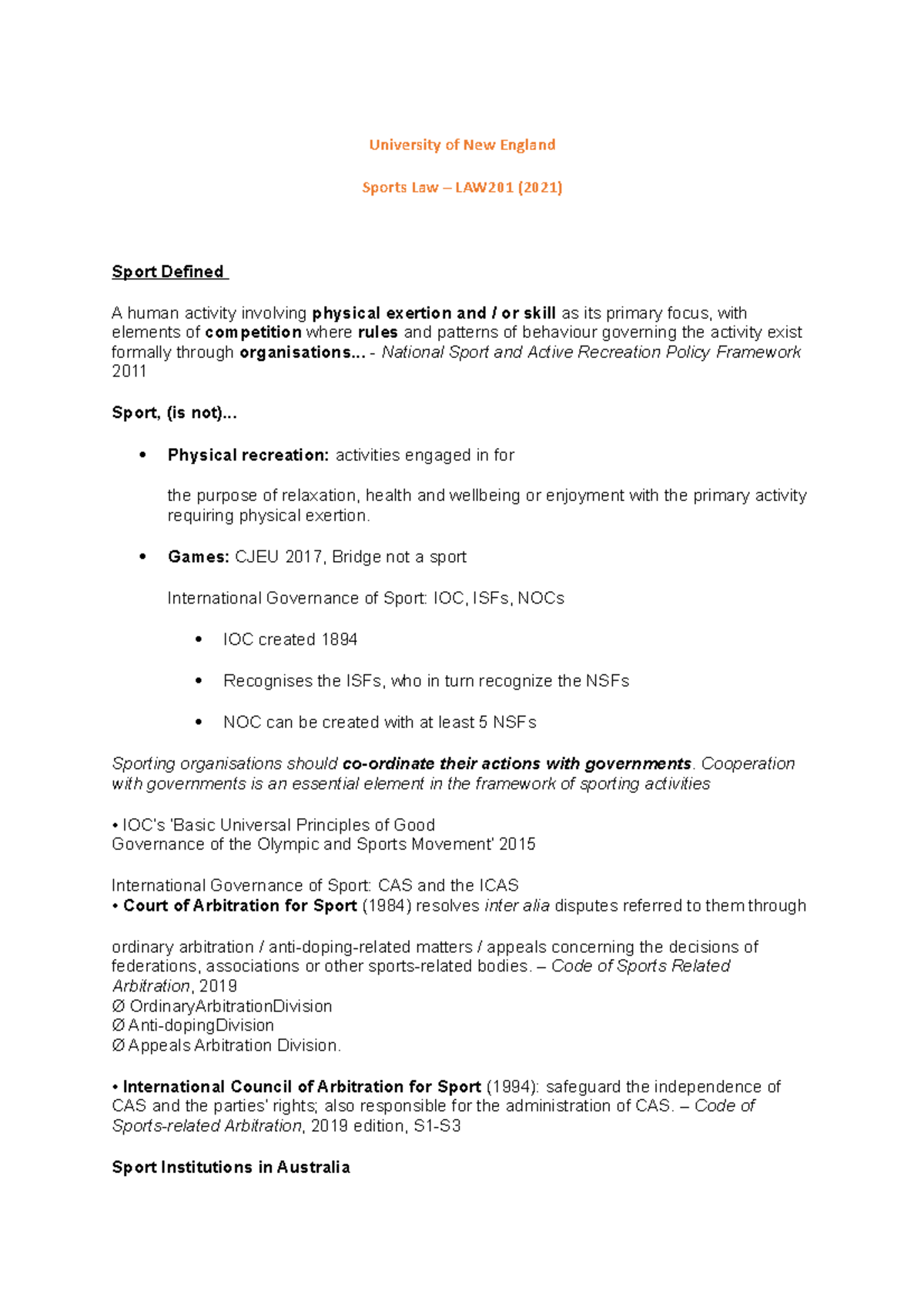 UNE - Sports Law Study Notes A - University of New England Sports Law ...