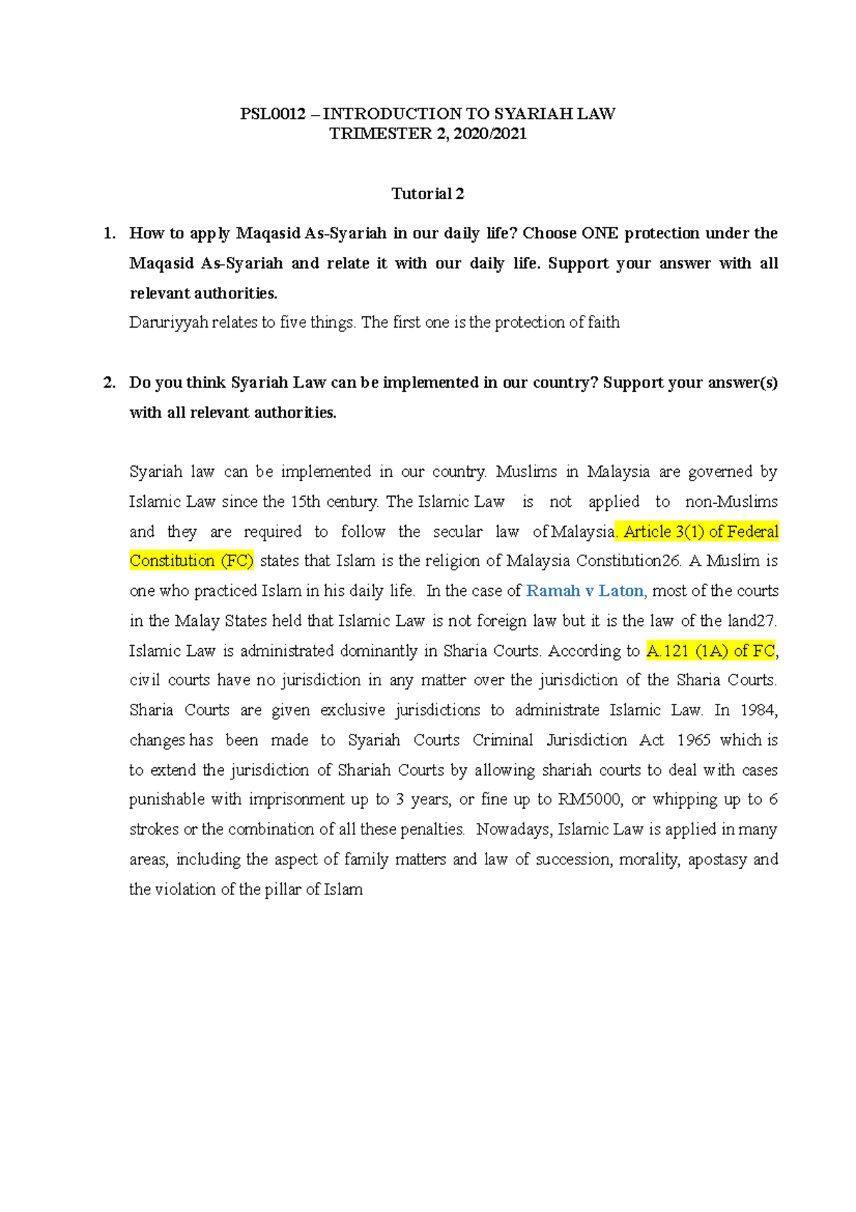 Tutorial 2 - PSL0012 – INTRODUCTION TO SYARIAH LAW TRIMESTER 2, 2020 ...
