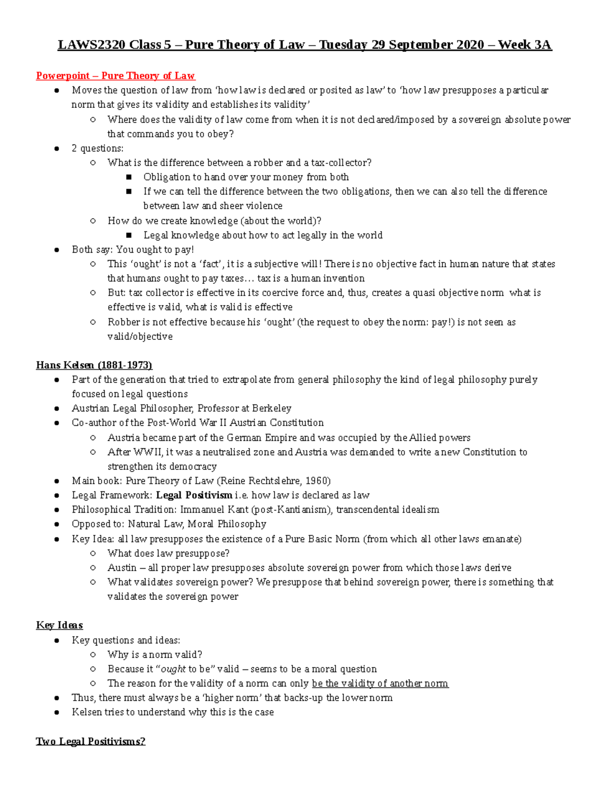 Class 5 - Lecture notes 5 - LAWS2320 Class 5 – Pure Theory of Law ...