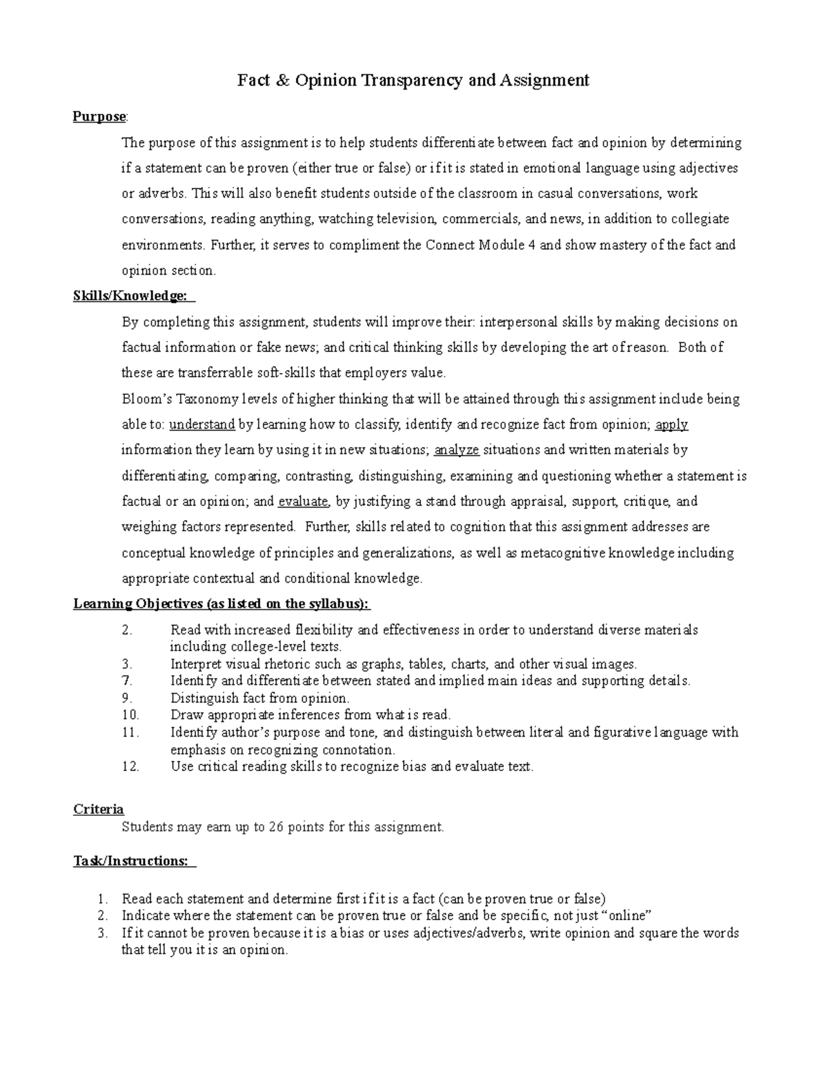Fact and Opinion 13-25 Transparency and Assignment - Fact & Opinion ...