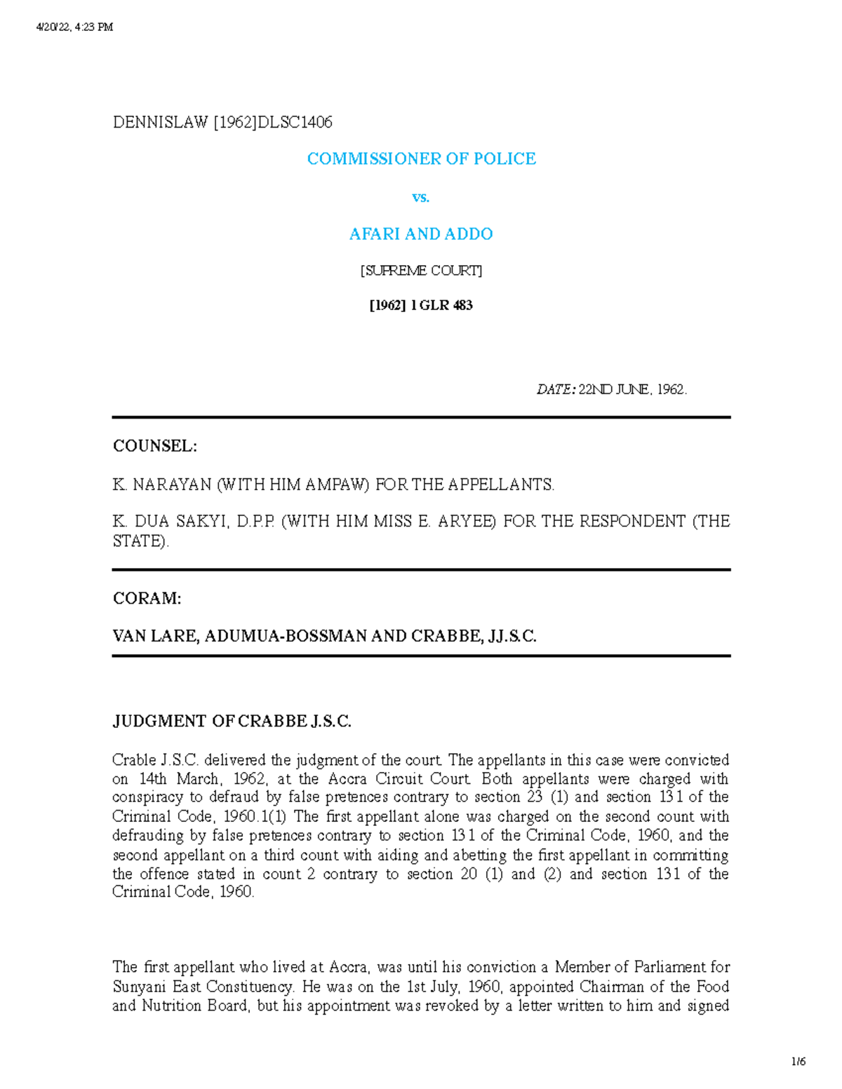 COP v Afari - Cases for Criminal Law - DENNISLAW [1962]DLSC ...