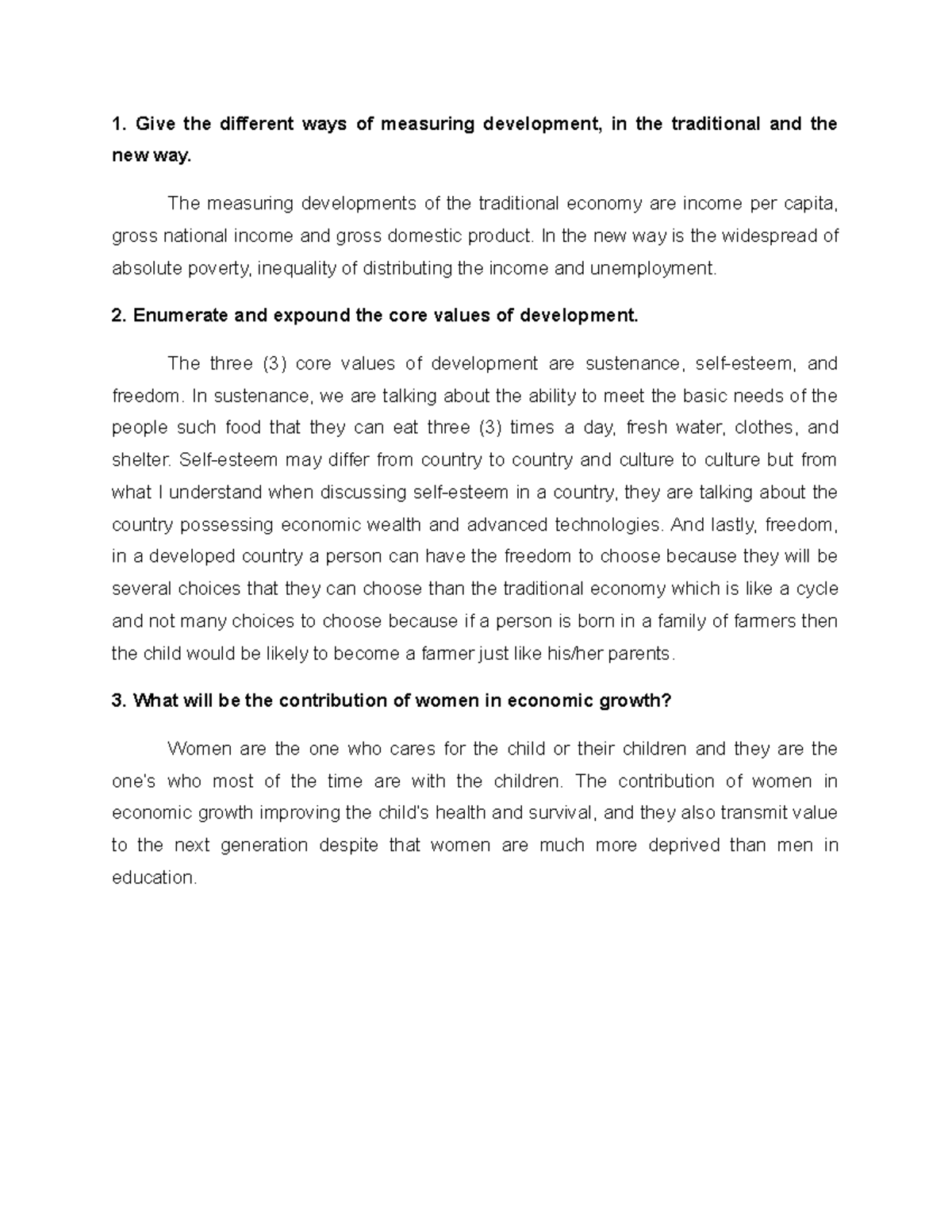 Economic Development Quiz - 1. Give the different ways of measuring ...
