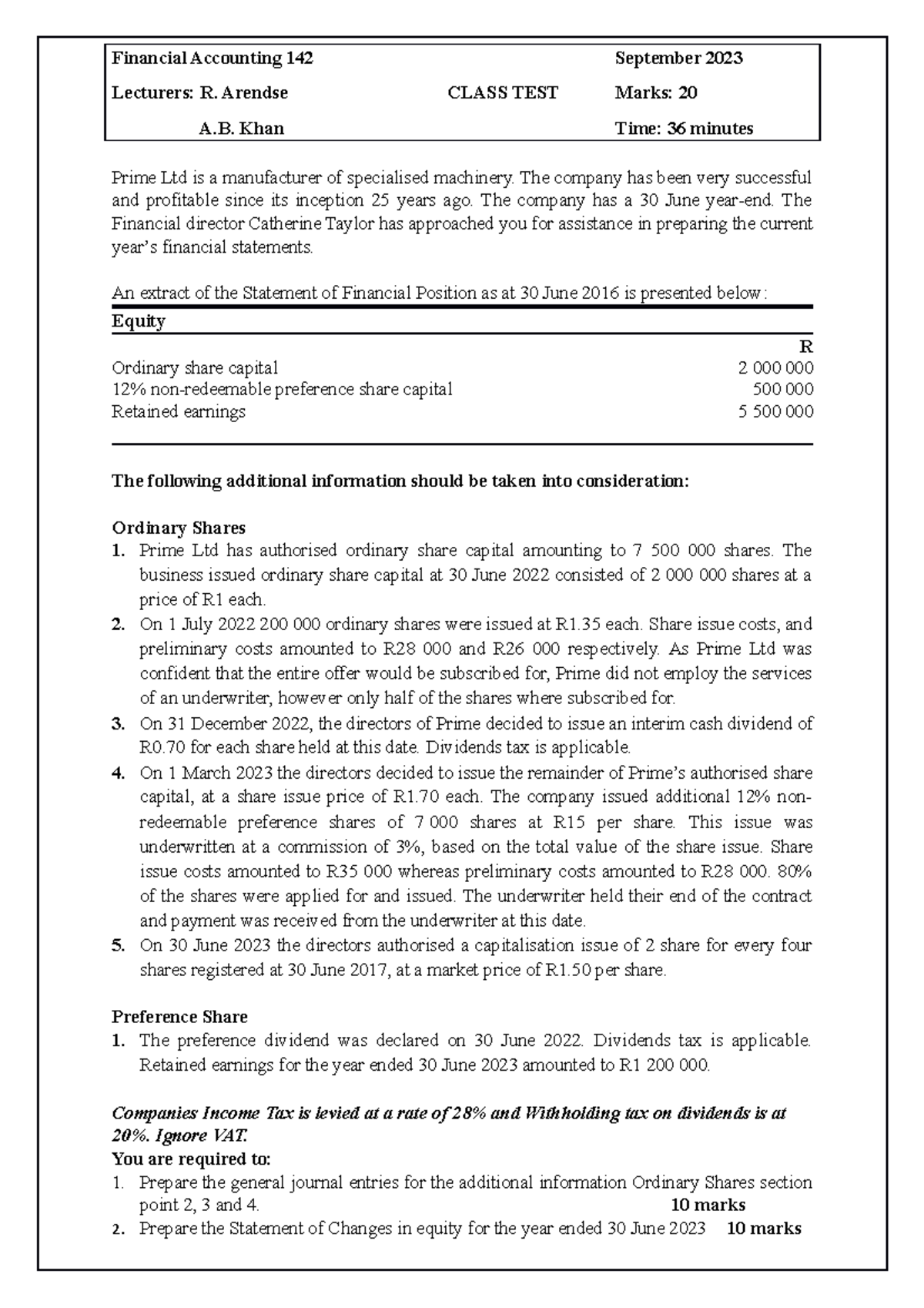 Class Test 3 Financial Accounting 142 September 2023 Lecturers R Arendse Class Test Marks