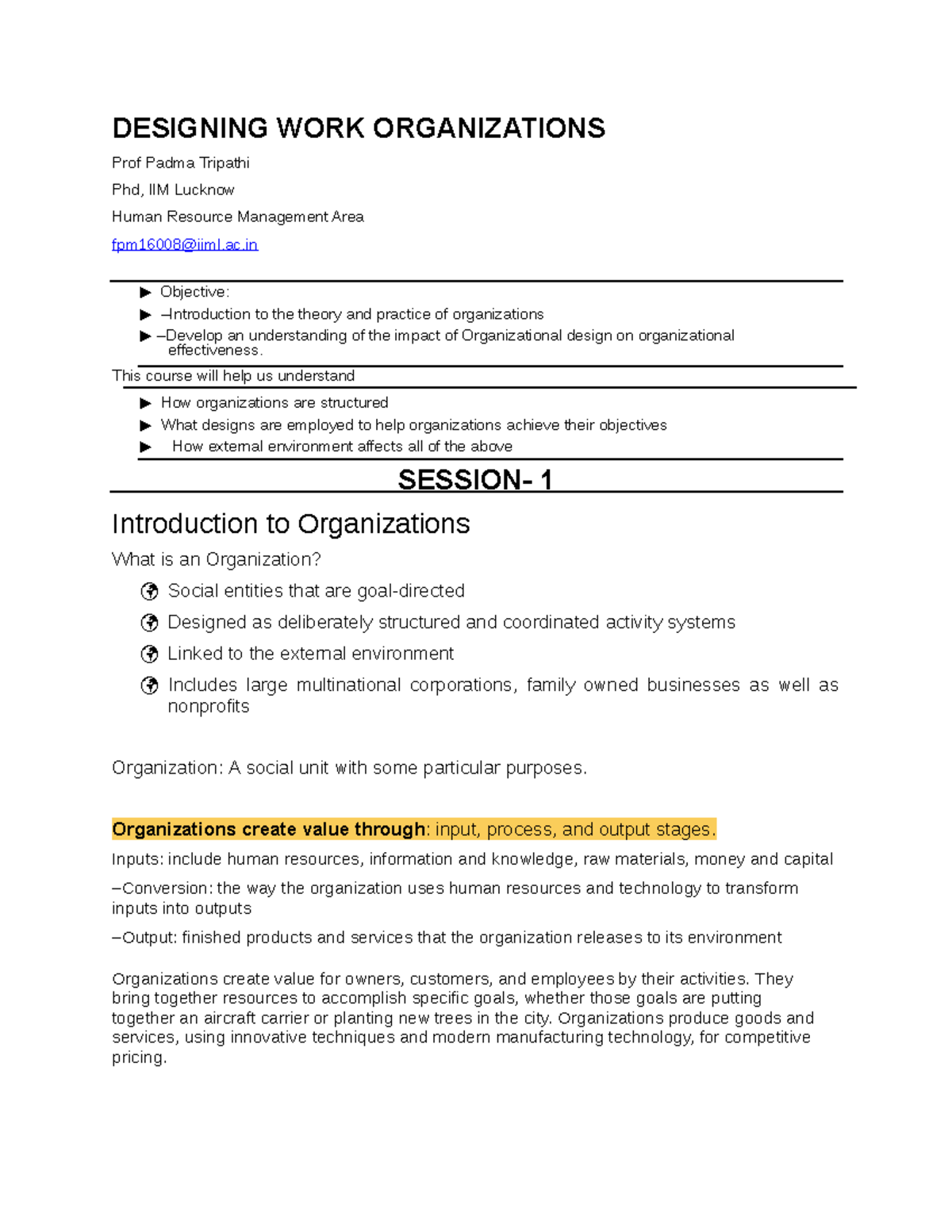 DWO Session-1 S - Designing Work Organisation, Organisation Behaviour ...