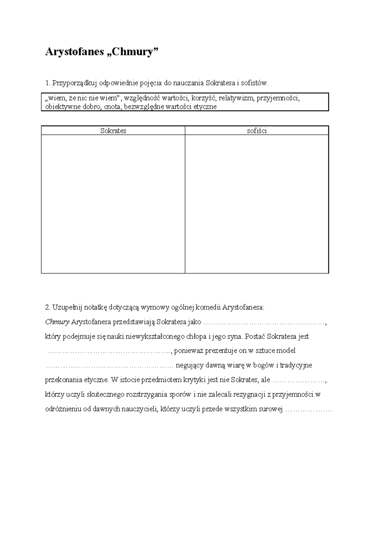 Arystofanes Chmury - zadania - Arystofanes „Chmury” Przyporządkuj ...
