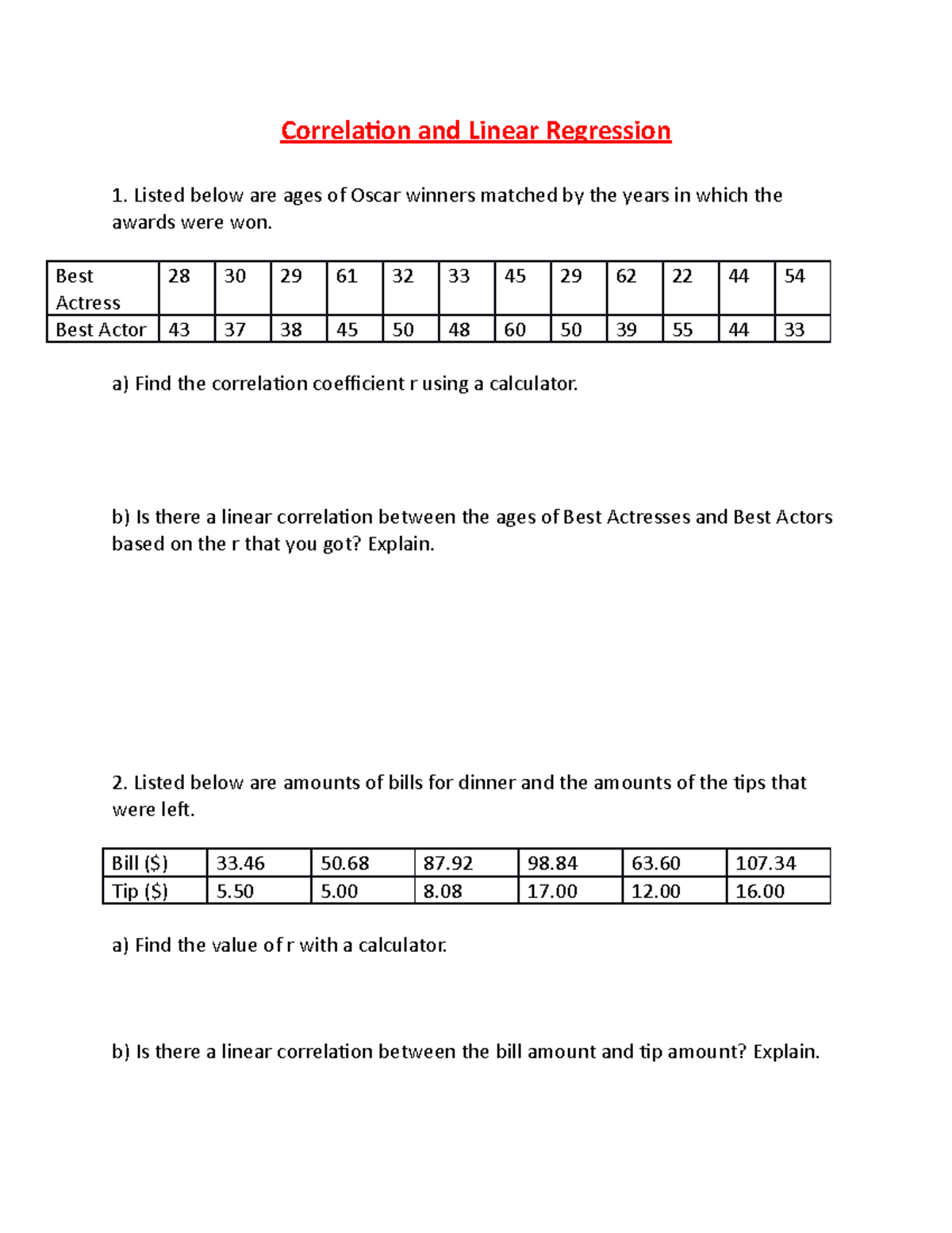 Correlation and Linear Regression Homework - Correlation and Linear ...