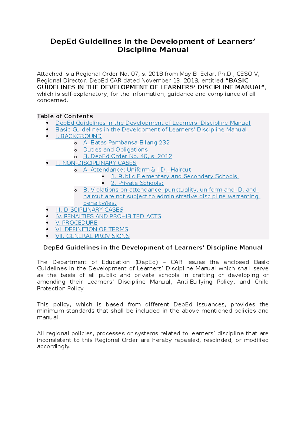Learner Discipline Policy - DepEd Guidelines in the Development of ...