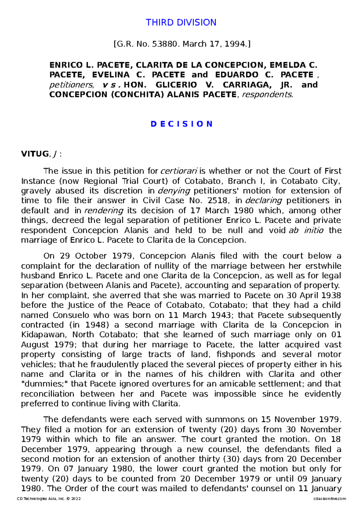 1. Pacete vs. Carriaga, Jr., 231 SCRA 321 - THIRD DIVISION [G. No ...