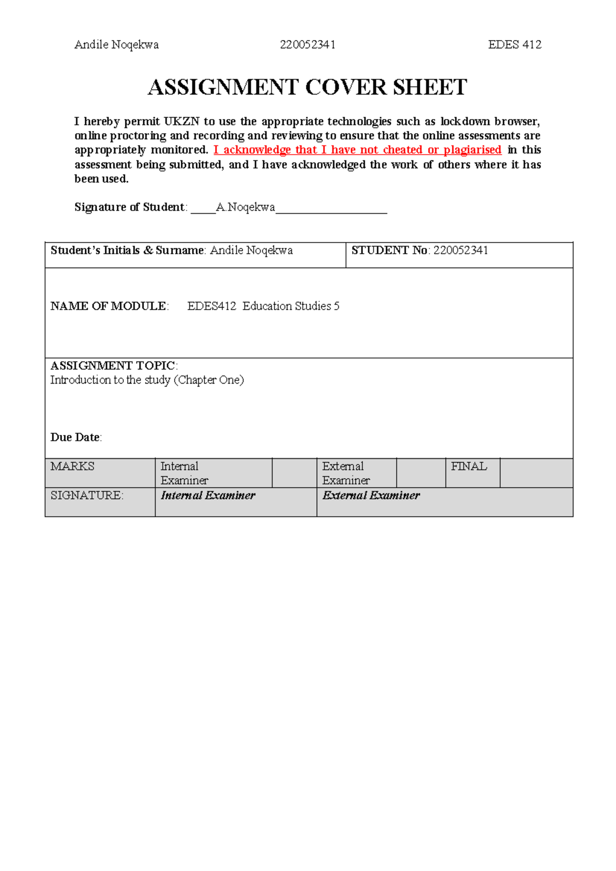Andile Noqekwa 22005 2341 Assignment 1 - ASSIGNMENT COVER SHEET I ...