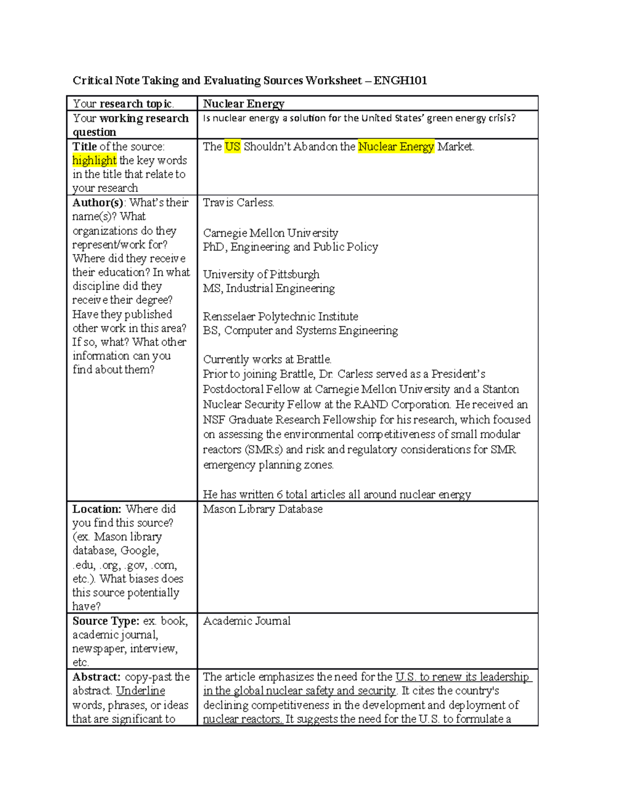 Critical Note Taking and Evaluating Sources Worksheet Graph - Nuclear ...