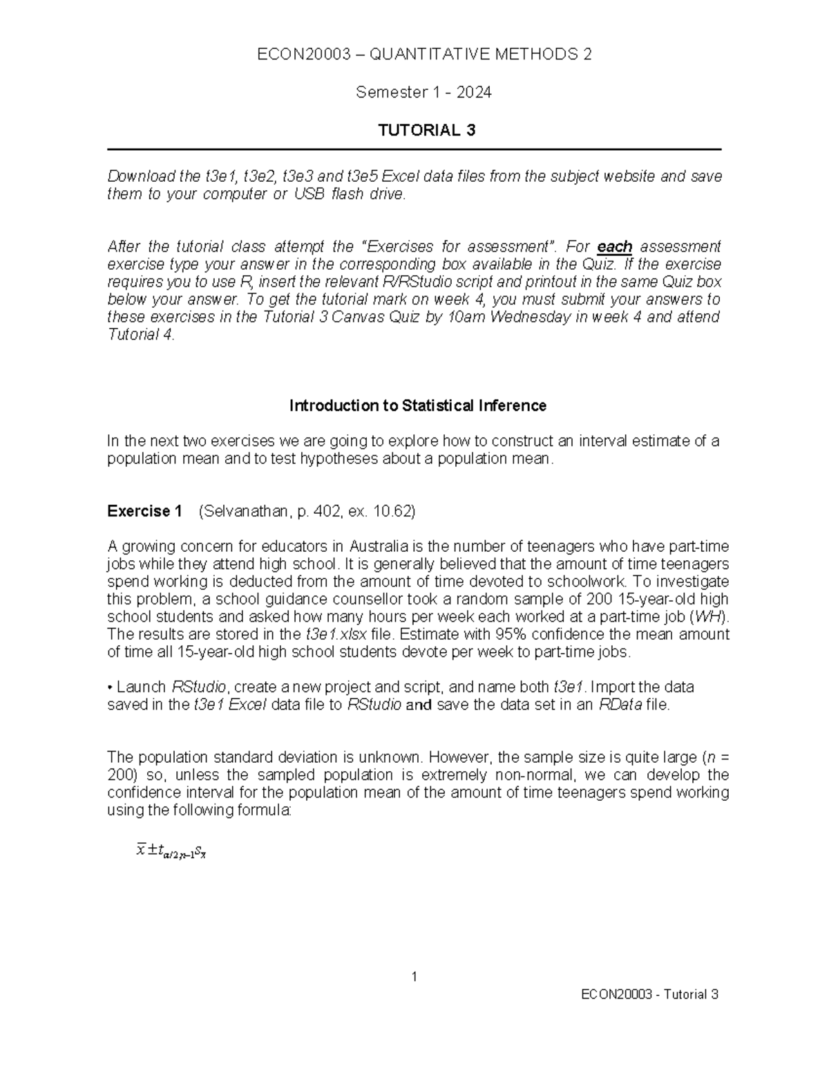 QM2 Tutorial 3 Worksheet - 1 ECON20003 – QUANTITATIVE METHODS 2 TUTORIAL 3 Introduction to - Studocu