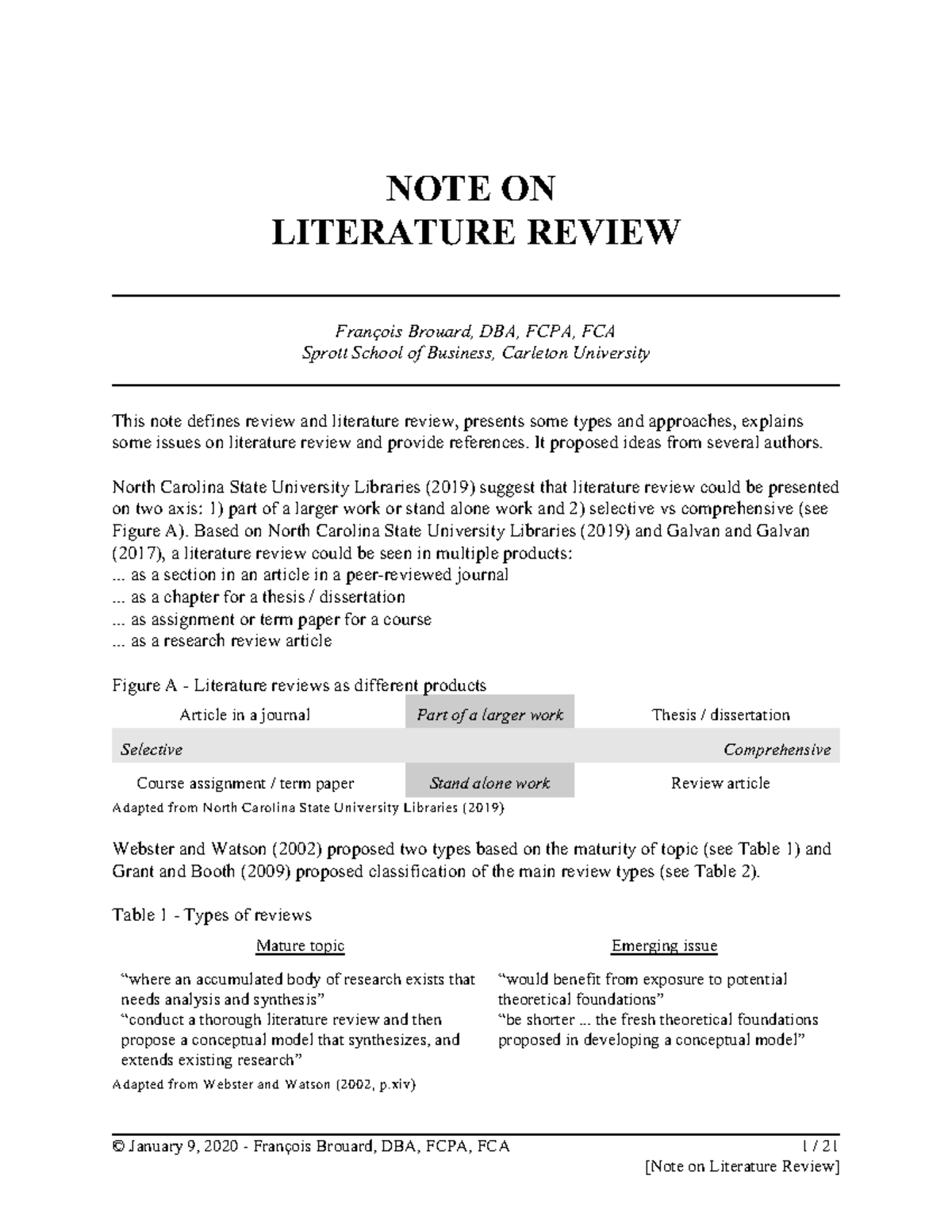 Note Research Literature Review - NOTE ON LITERATURE REVIEW François ...