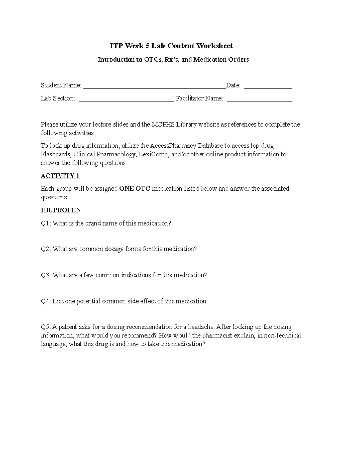 Introduction to Rx and Med Orders, Lab Content Worksheet, Wk 5 2023 - ITP Week 5 Lab Content ...