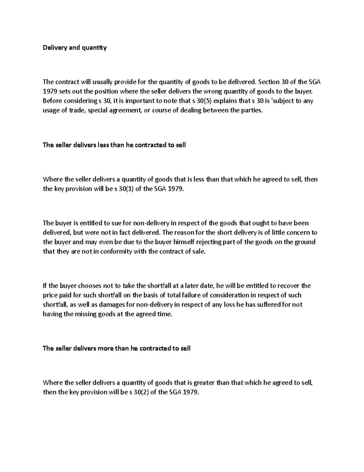 Delivery and quantity - Commercial Law - Delivery and quantity The ...