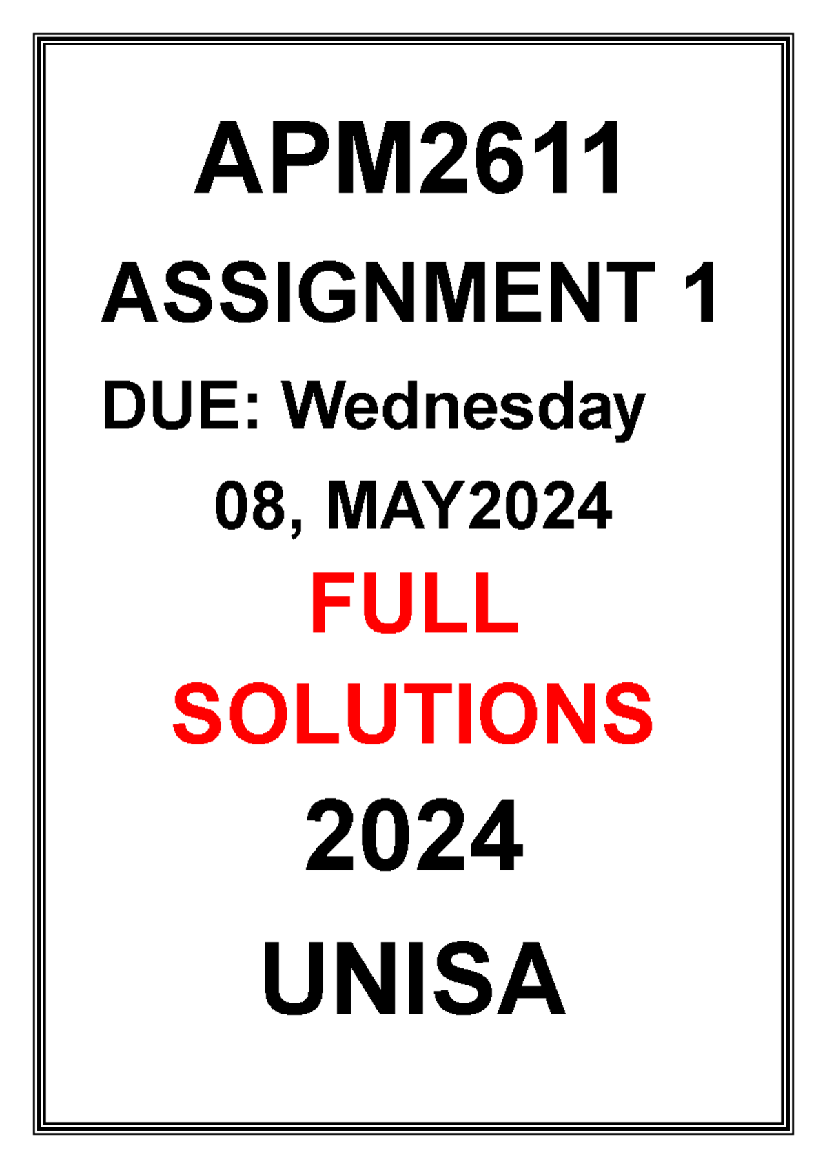 Cover Pages - exam - MATH1043 - APM ASSIGNMENT 1 DUE: Wednesday 08 ...