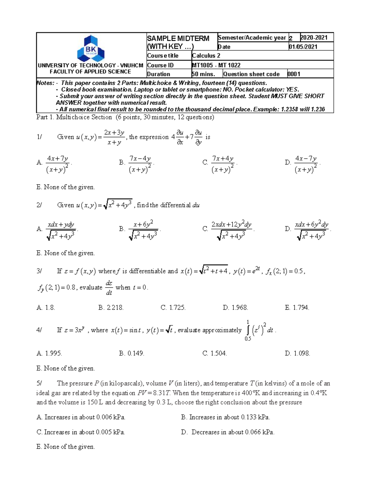 99 In 10H Cal2 202 Midterm Sample BKEL - Part 1. Multichoice Section (6 ...