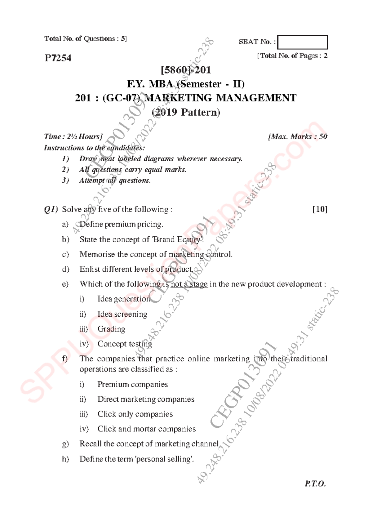 Postgraduate-pg mba semester-2 2022 may marketing-management-pattern-2019 - Q1) Solve any five ...