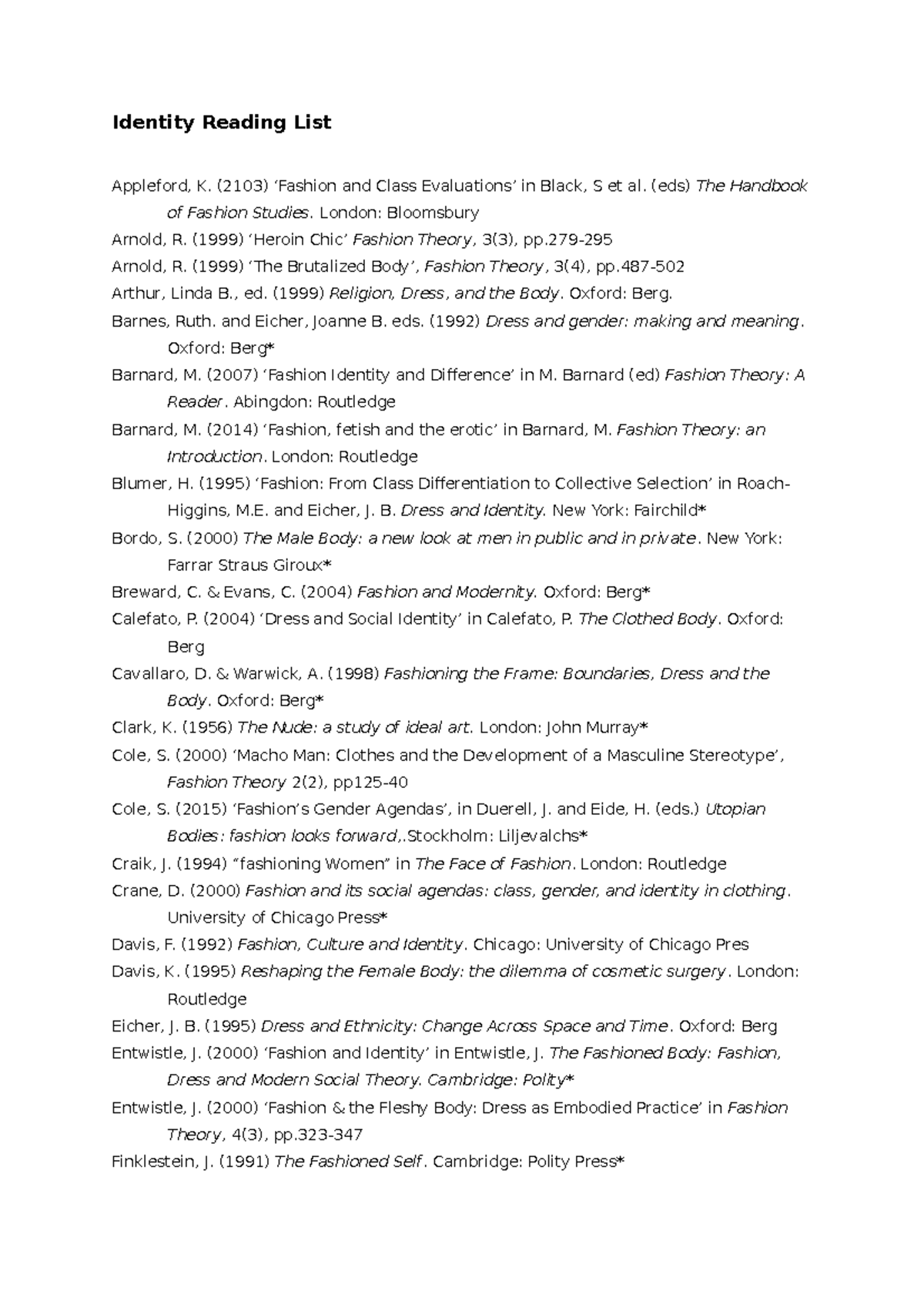 Identity Reading List - Identity Reading List Appleford, K. (2103 ...