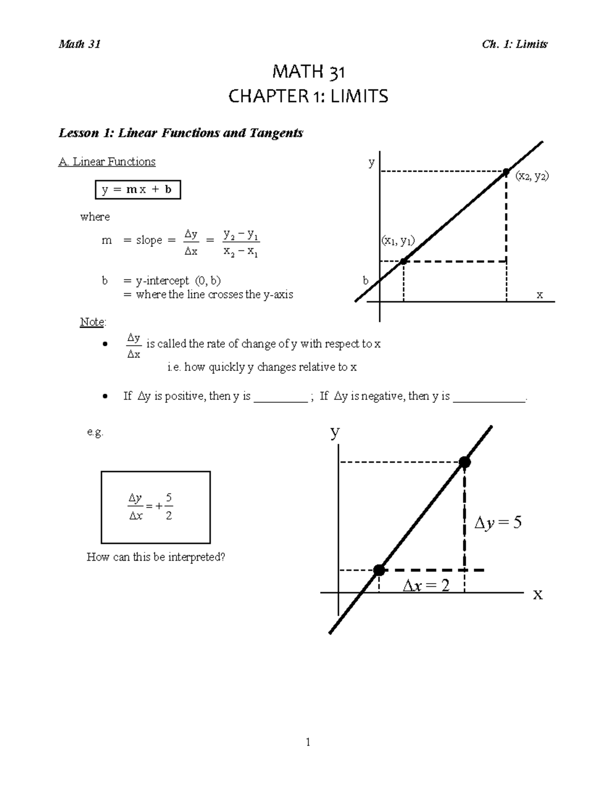 Chp 1 Limits Student Notes - MATH 31 CHAPTER 1: LIMITS Lesson 1: Linear ...